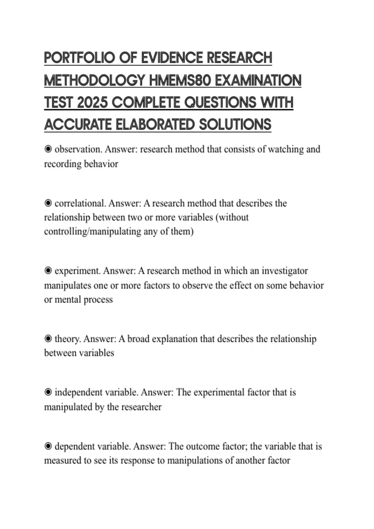 PORTFOLIO OF EVIDENCE RESEARCH METHODOLOGY HMEMS80 EXAMINATION TEST ...