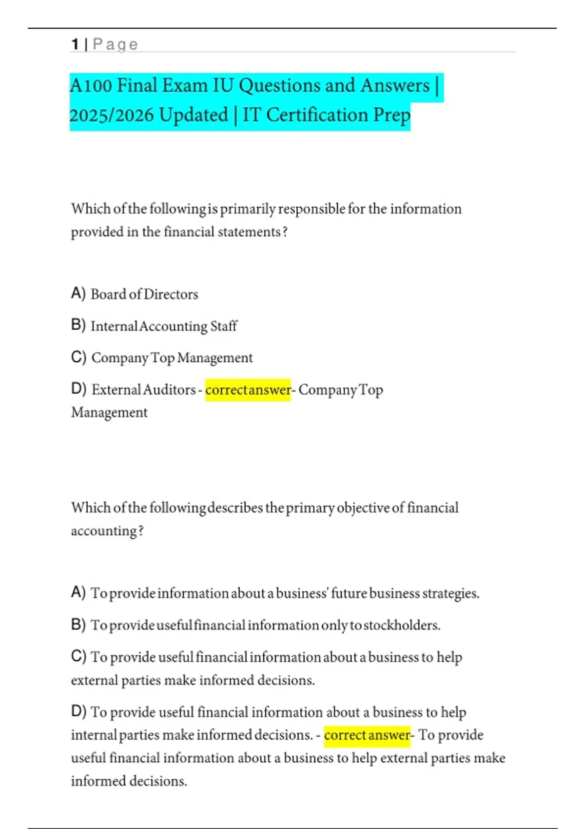 A100 Final Exam IU Questions and Answers | 2025/2026 Updated | IT ...
