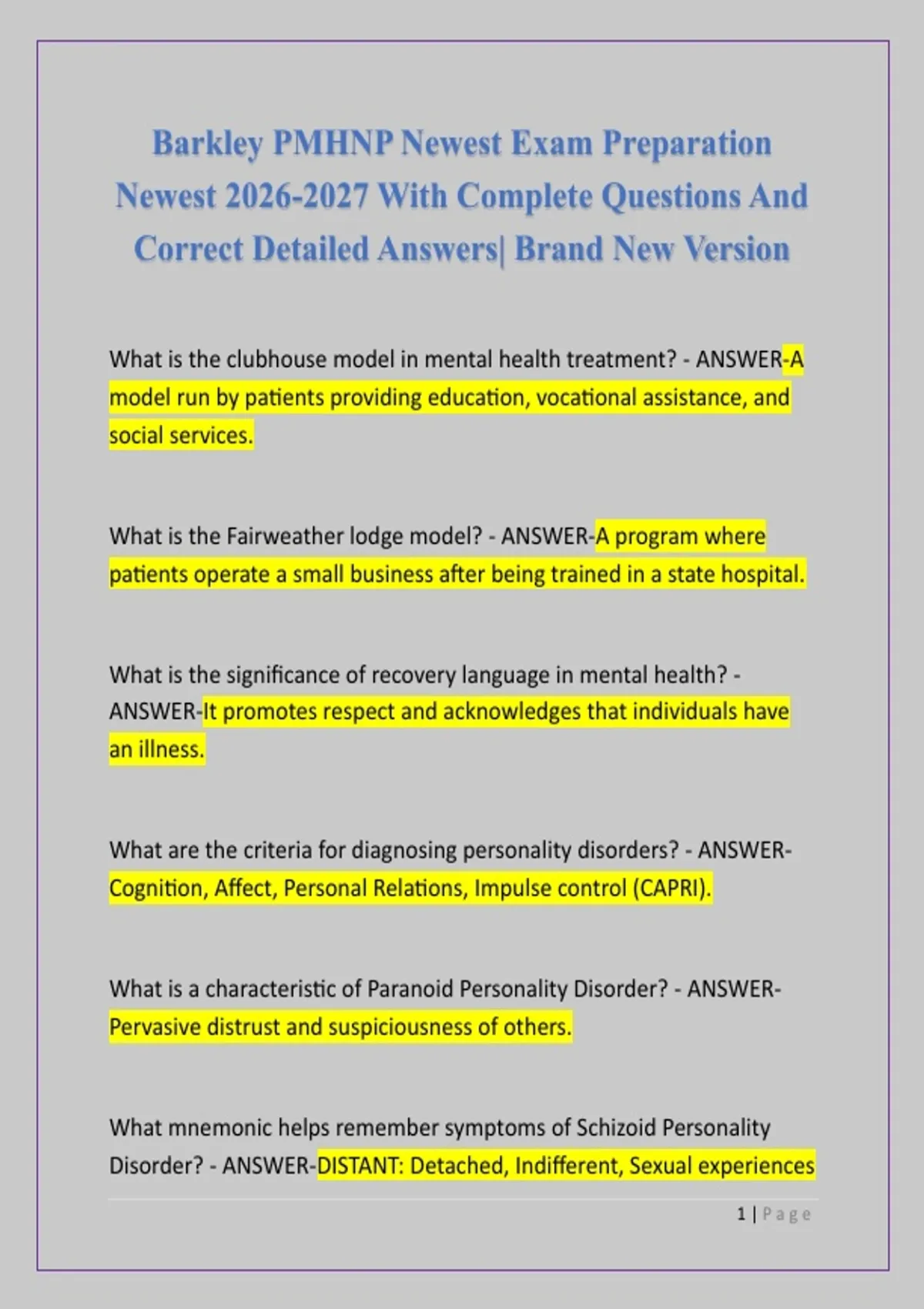 Barkley PMHNP Newest Exam Preparation Newest With Complete Questions ...