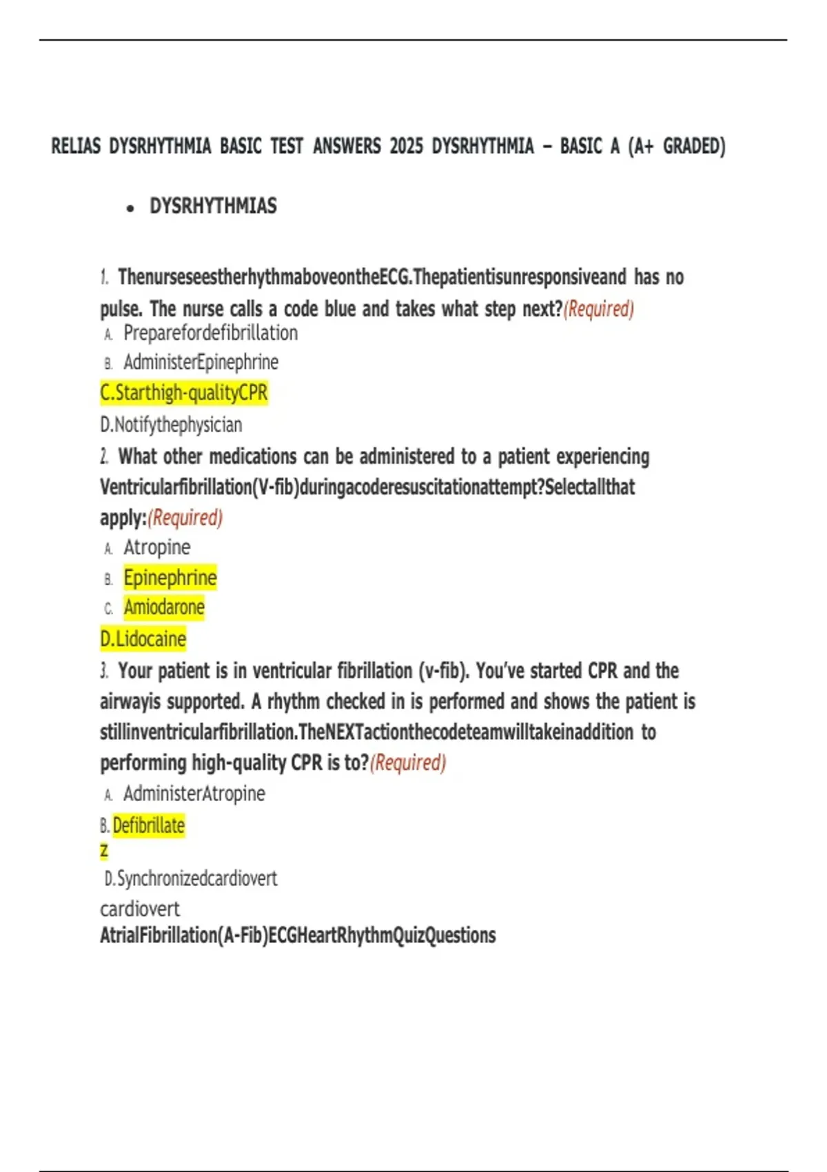 RELIAS DYSRHYTHMIA BASIC TEST ANSWERS 2025 DYSRHYTHMIA – BASIC A (A+ ...