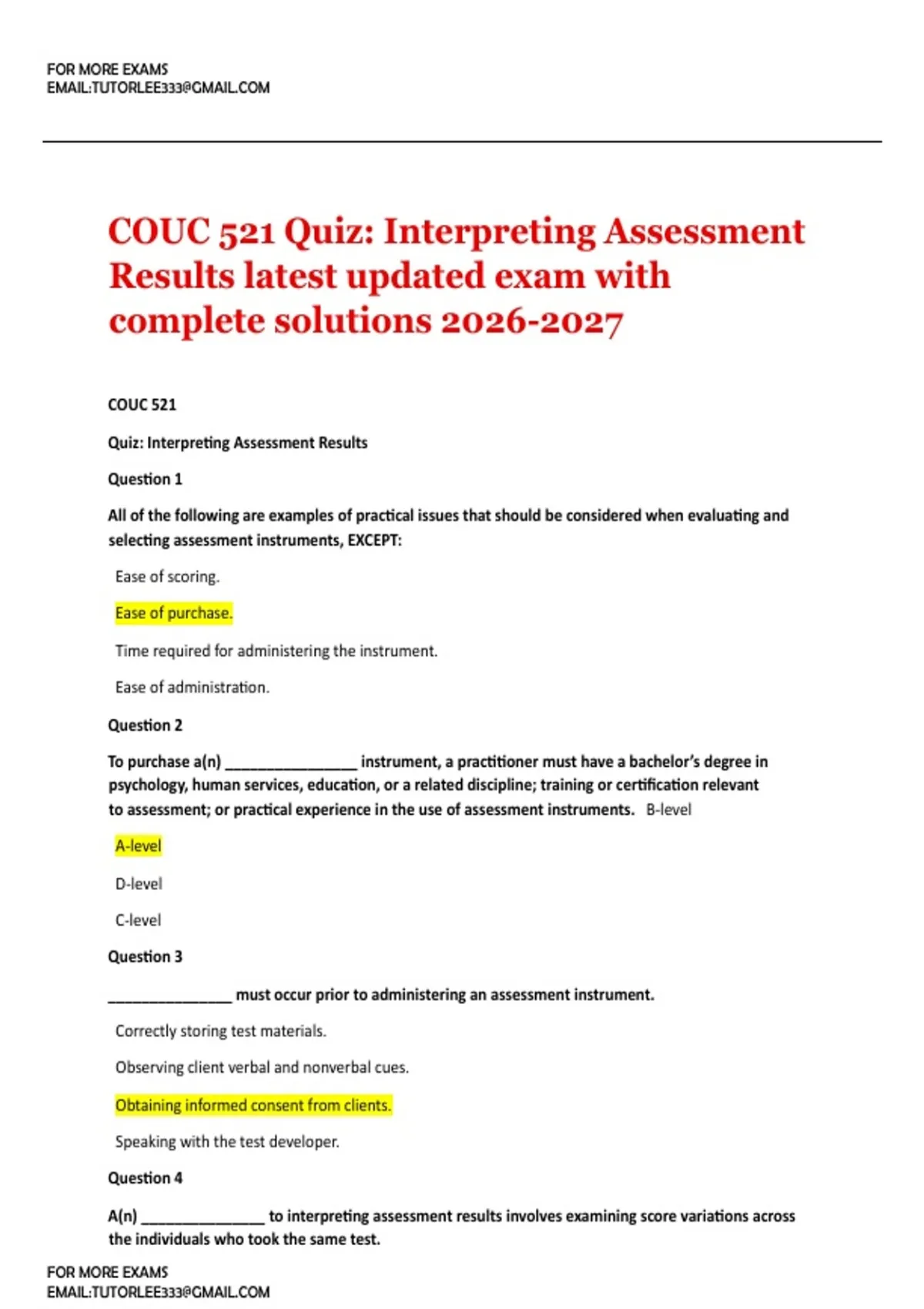 COUC 521 Quiz: Interpreting Assessment Results latest updated exam with ...