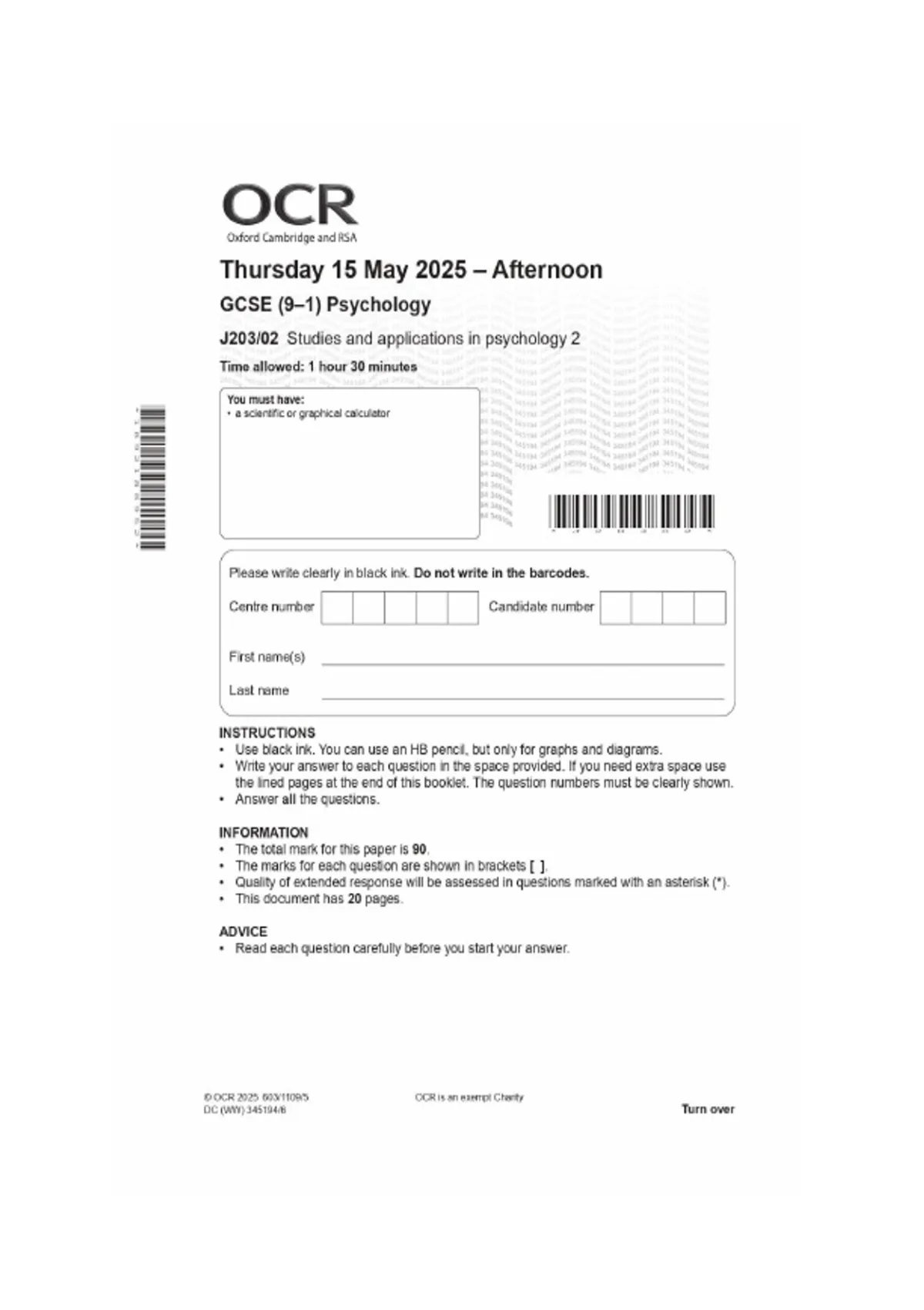 OCR GCSE (9-1) Psychology J203/02 Studies and Applications in ...