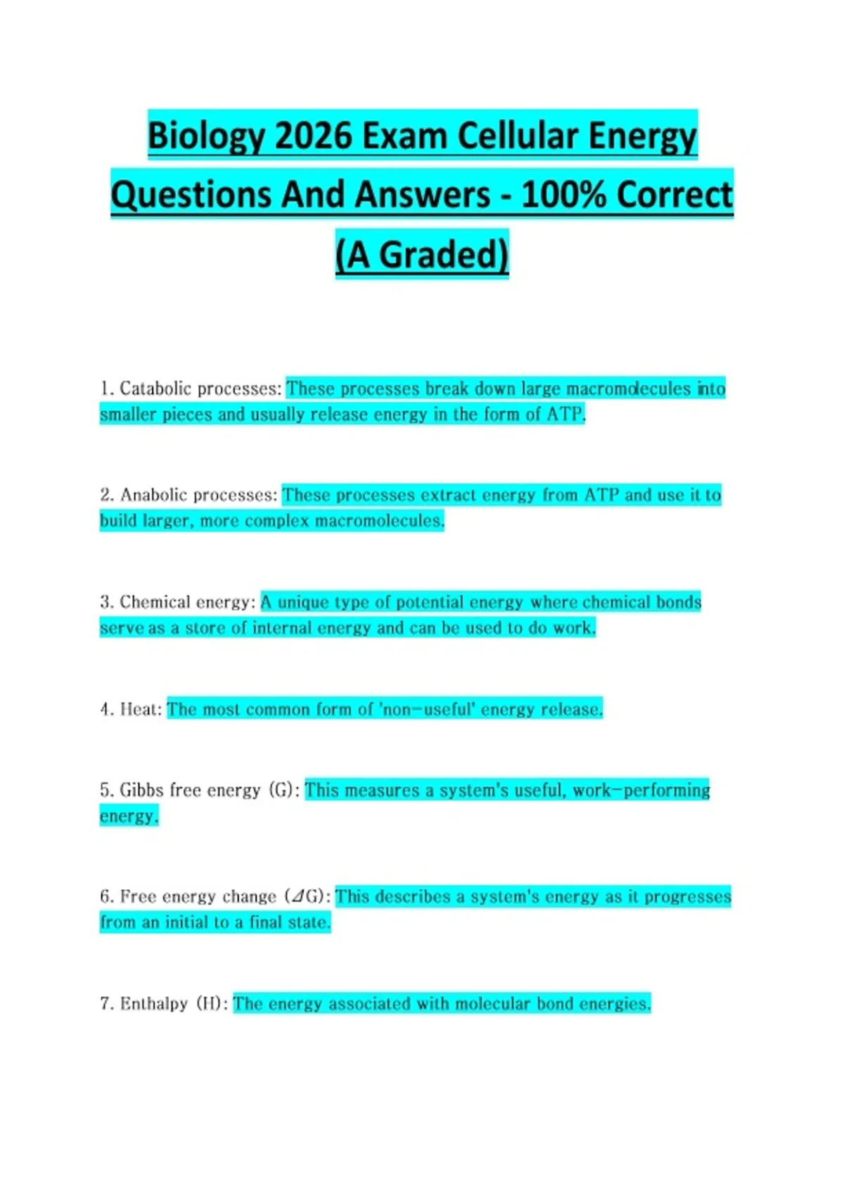 Biology 2026 Exam Cellular Energy Questions And Answers - 100% Correct ...