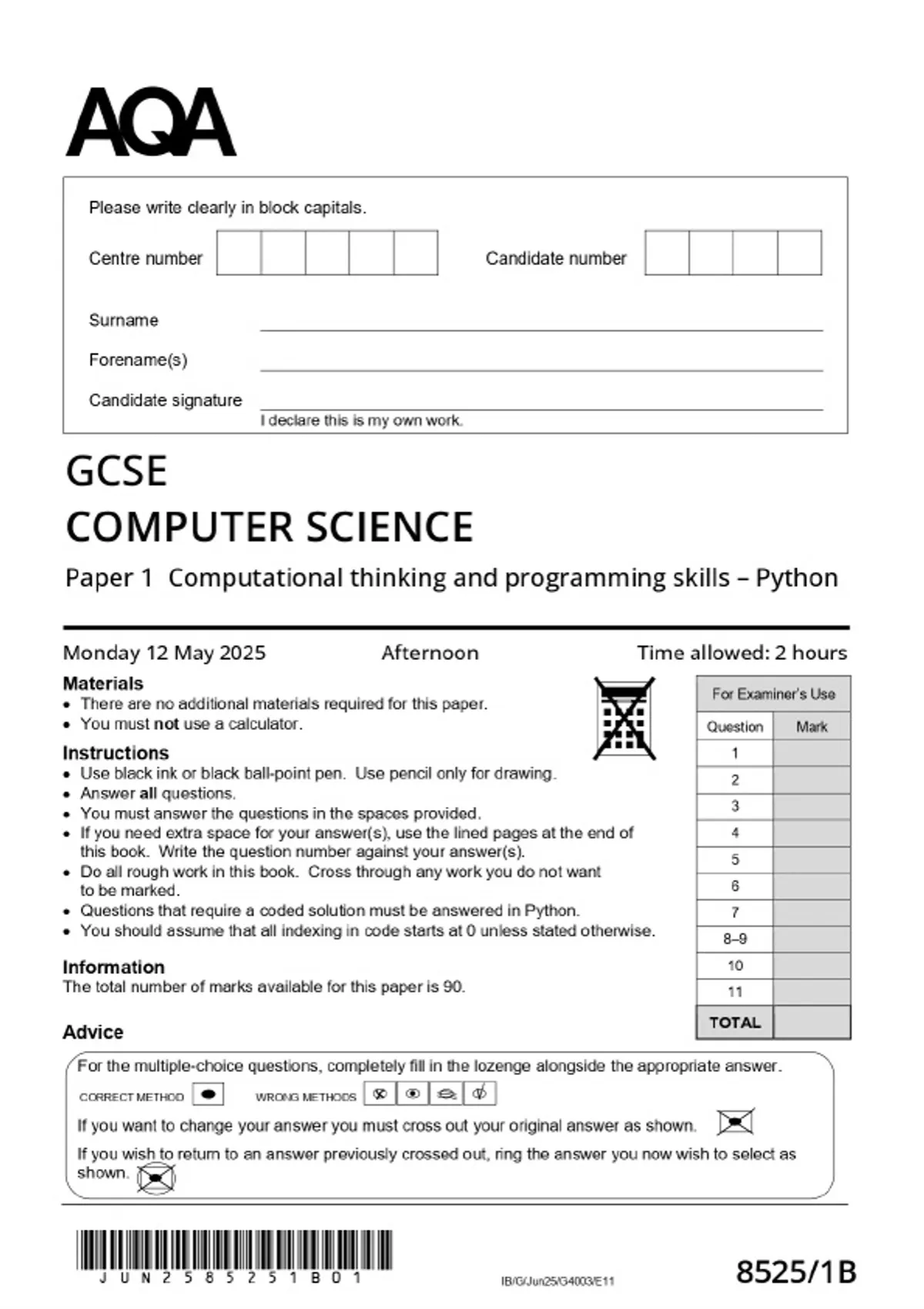. Actual 2025 AQA GCSE COMPUTER SCIENCE 8525/1B Paper 1 Merged Question ...