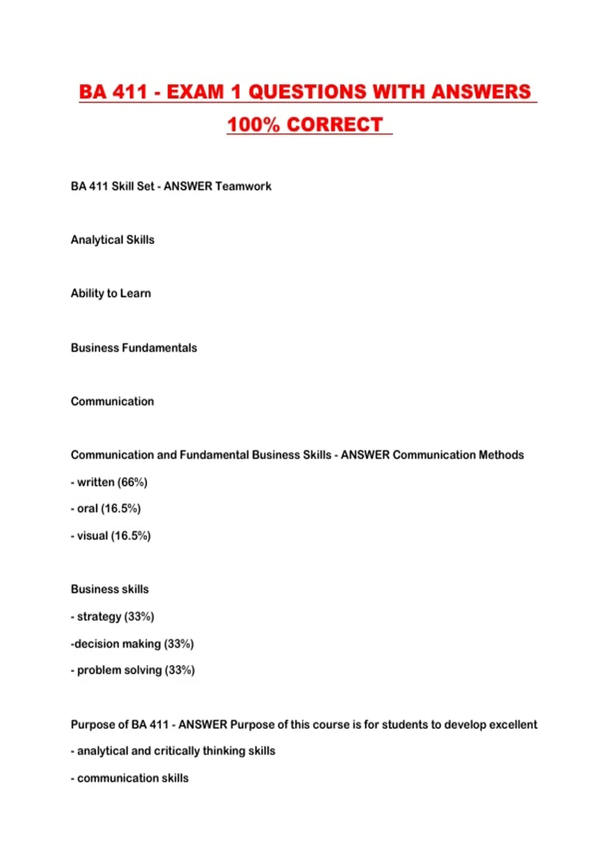BA 411 - EXAM 1 QUESTIONS WITH ANSWERS 100% CORRECT - BA 411 - Stuvia US