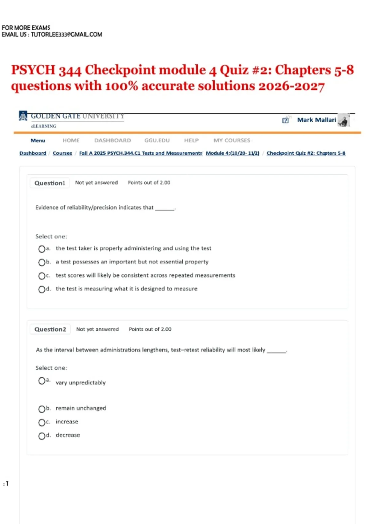 PSYCH 344 Checkpoint module 4 Quiz #2: Chapters 5-8 questions with 100% ...
