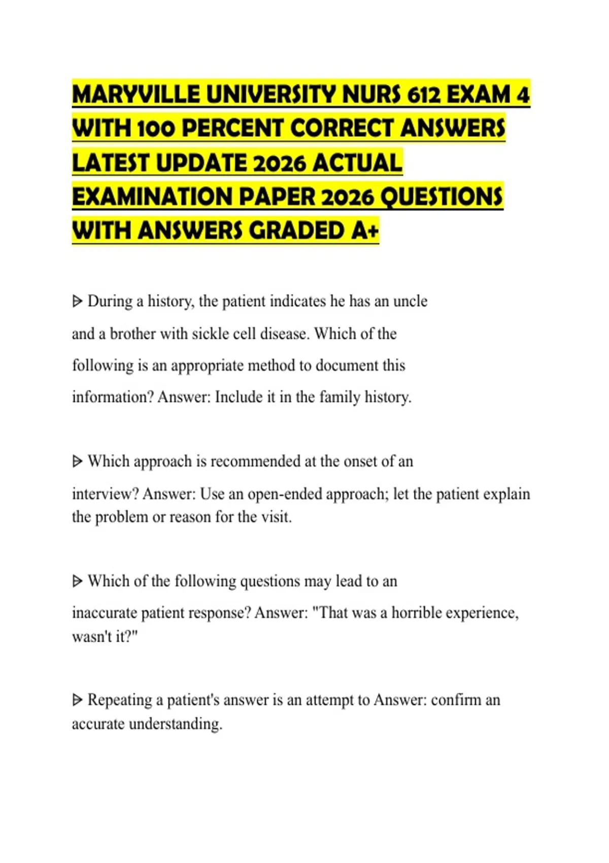 MARYVILLE UNIVERSITY NURS 612 EXAM 4 WITH 100 PERCENT CORRECT ANSWERS ...