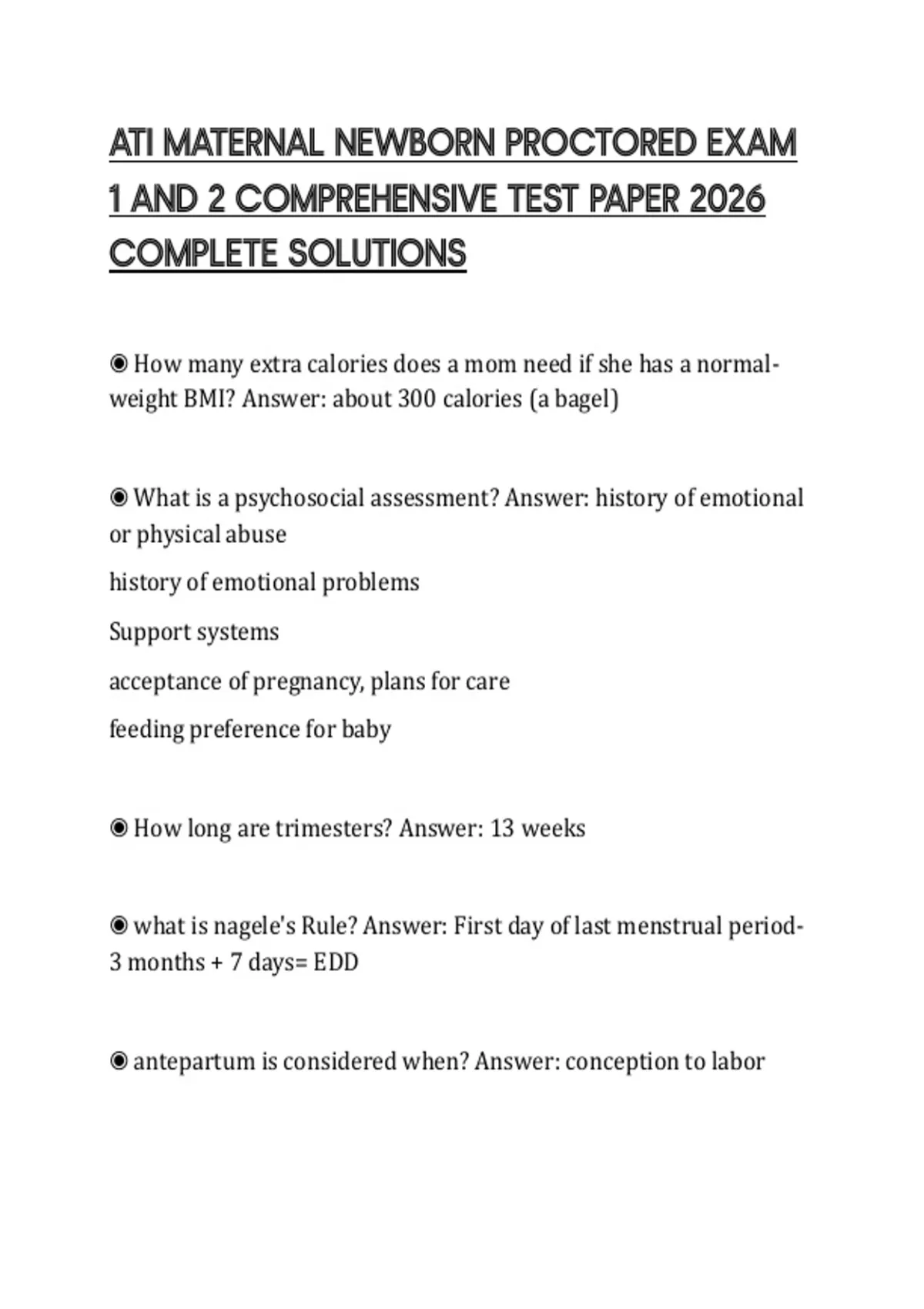 ATI MATERNAL NEWBORN PROCTORED EXAM 1 AND 2 COMPREHENSIVE TEST PAPER ...