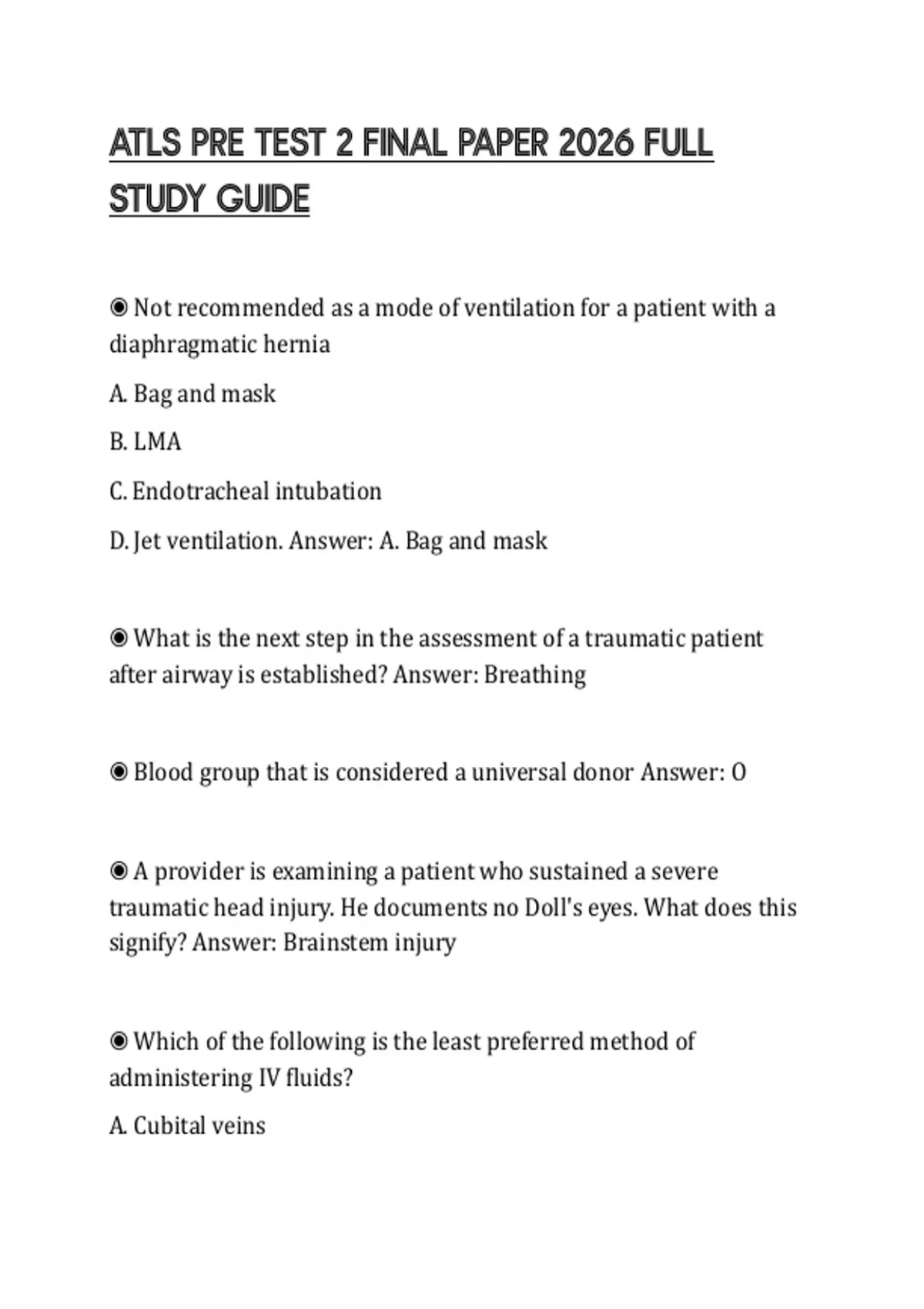 ATLS PRE TEST 2 FINAL PAPER 2026 FULL STUDY GUIDE - ATLS - Stuvia US