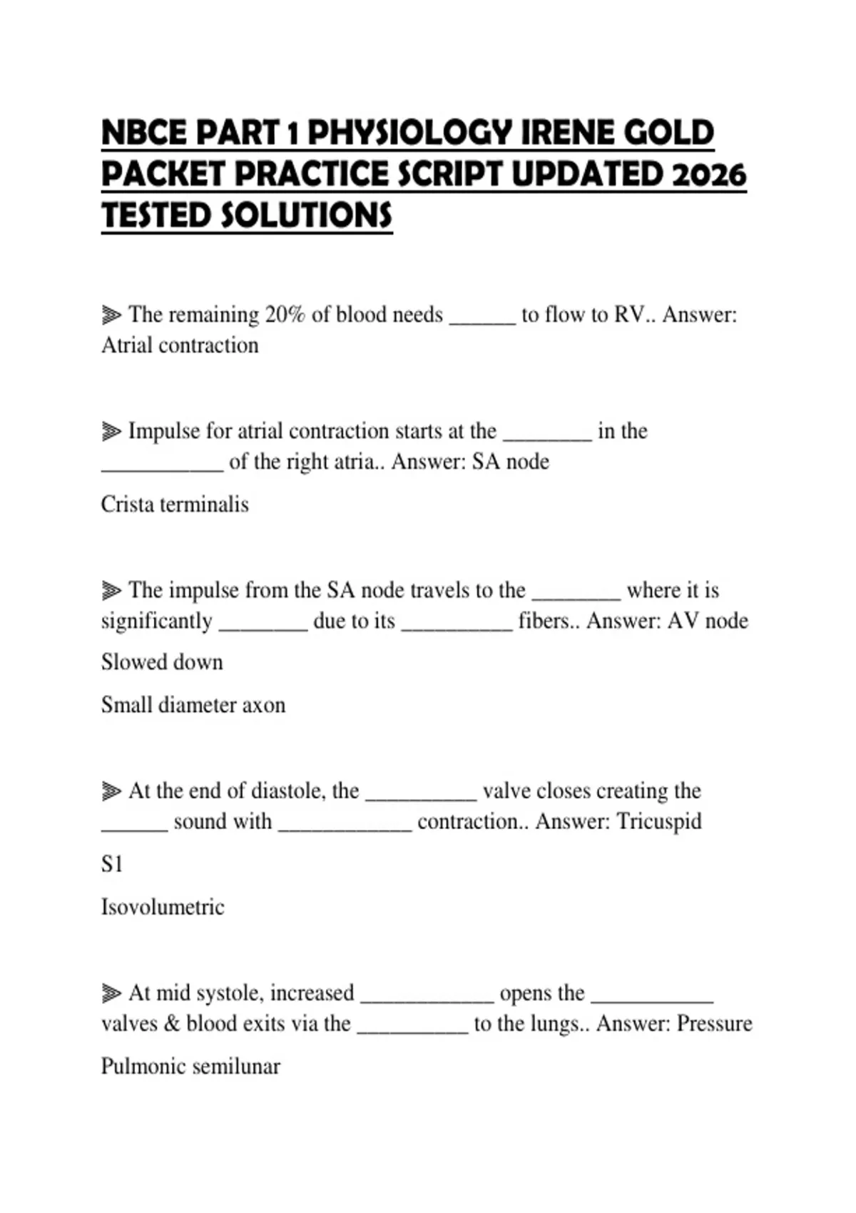 NBCE PART 1 PHYSIOLOGY IRENE GOLD PACKET PRACTICE SCRIPT UPDATED 2026 ...