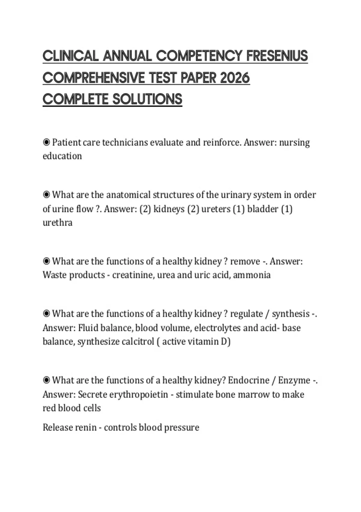 CLINICAL ANNUAL COMPETENCY FRESENIUS COMPREHENSIVE TEST PAPER 2026 ...