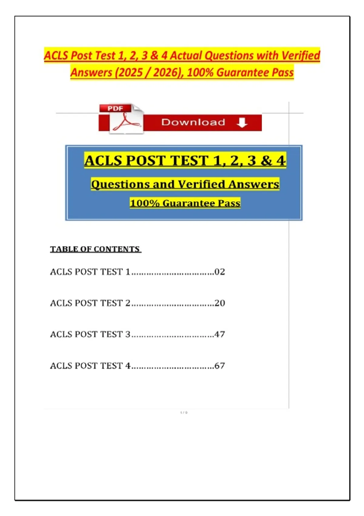 ACLS Post Test 1, 2, 3 & 4 Actual Questions with Verified Answers (2025 ...