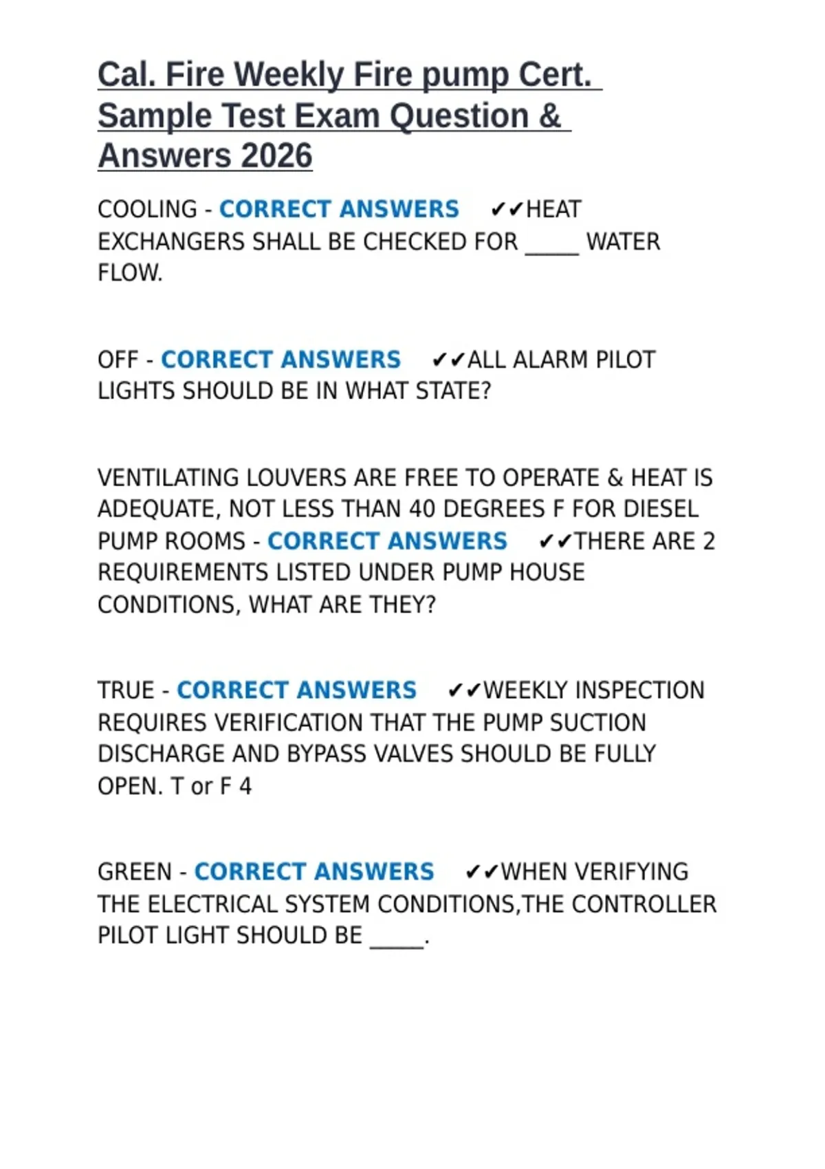 Cal. Fire Weekly Fire pump Cert. Sample Test Exam Question & Answers ...