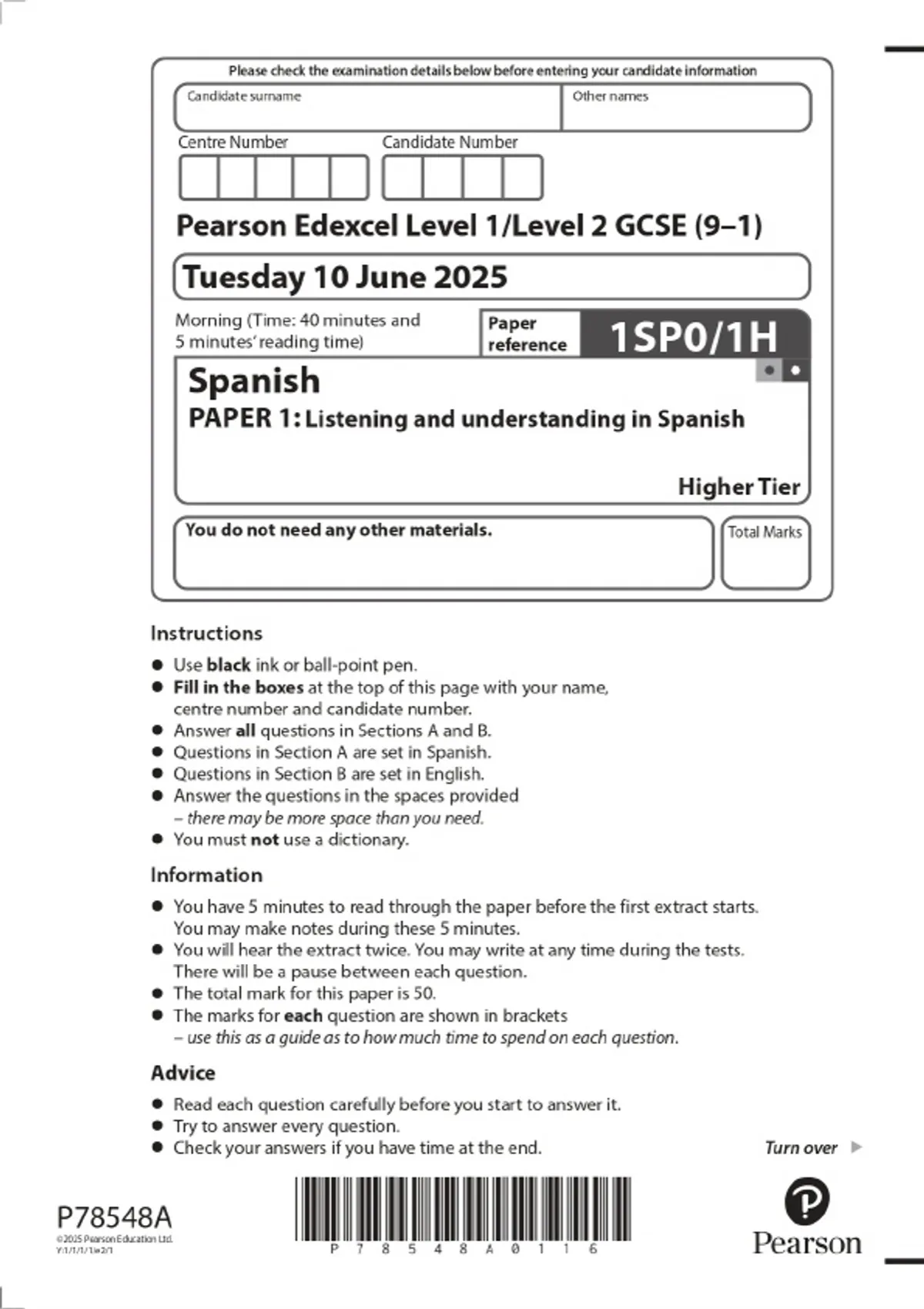 2025 Pearson Edexcel Level 1/Level 2 GCSE (9–1) Spanish PAPER 1 ...