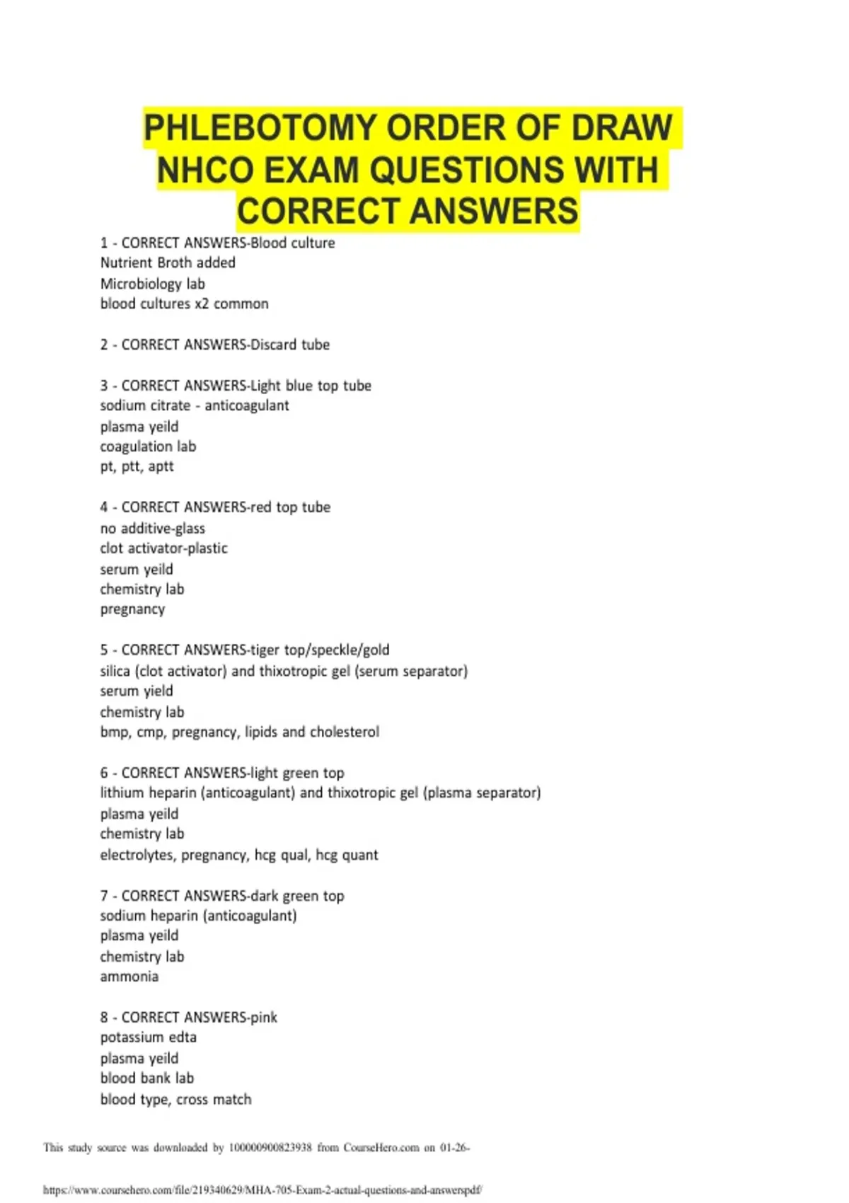 PHLEBOTOMY ORDER OF DRAW NHCO EXAM QUESTIONS WITH CORRECT ANSWERS ...