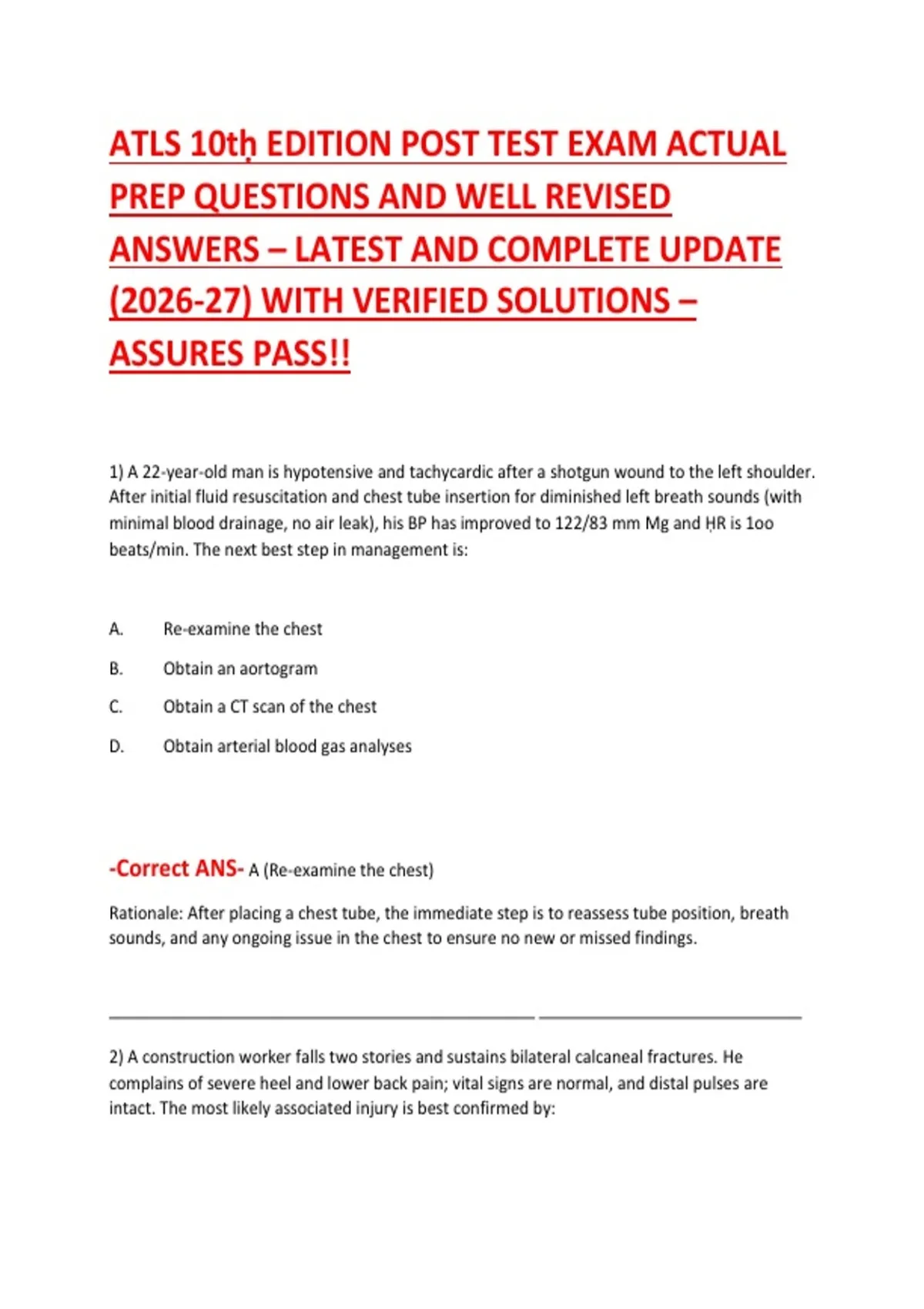 ATLS 10th Edition – Post-Test Exam Questions with Verified Answers ...