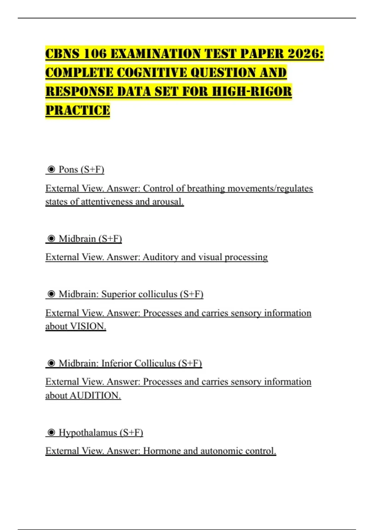 CBNS 106 EXAMINATION TEST PAPER 2026: COMPLETE COGNITIVE QUESTION AND ...