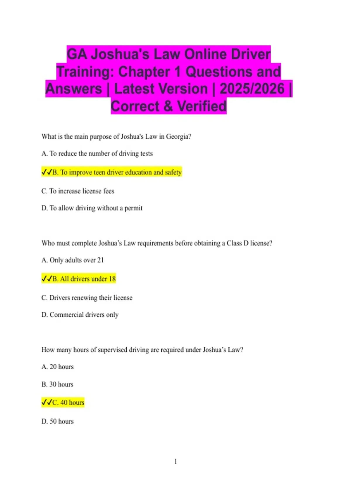 GA Joshua's Law Online Driver Training: Chapter 1 Questions and Answers ...
