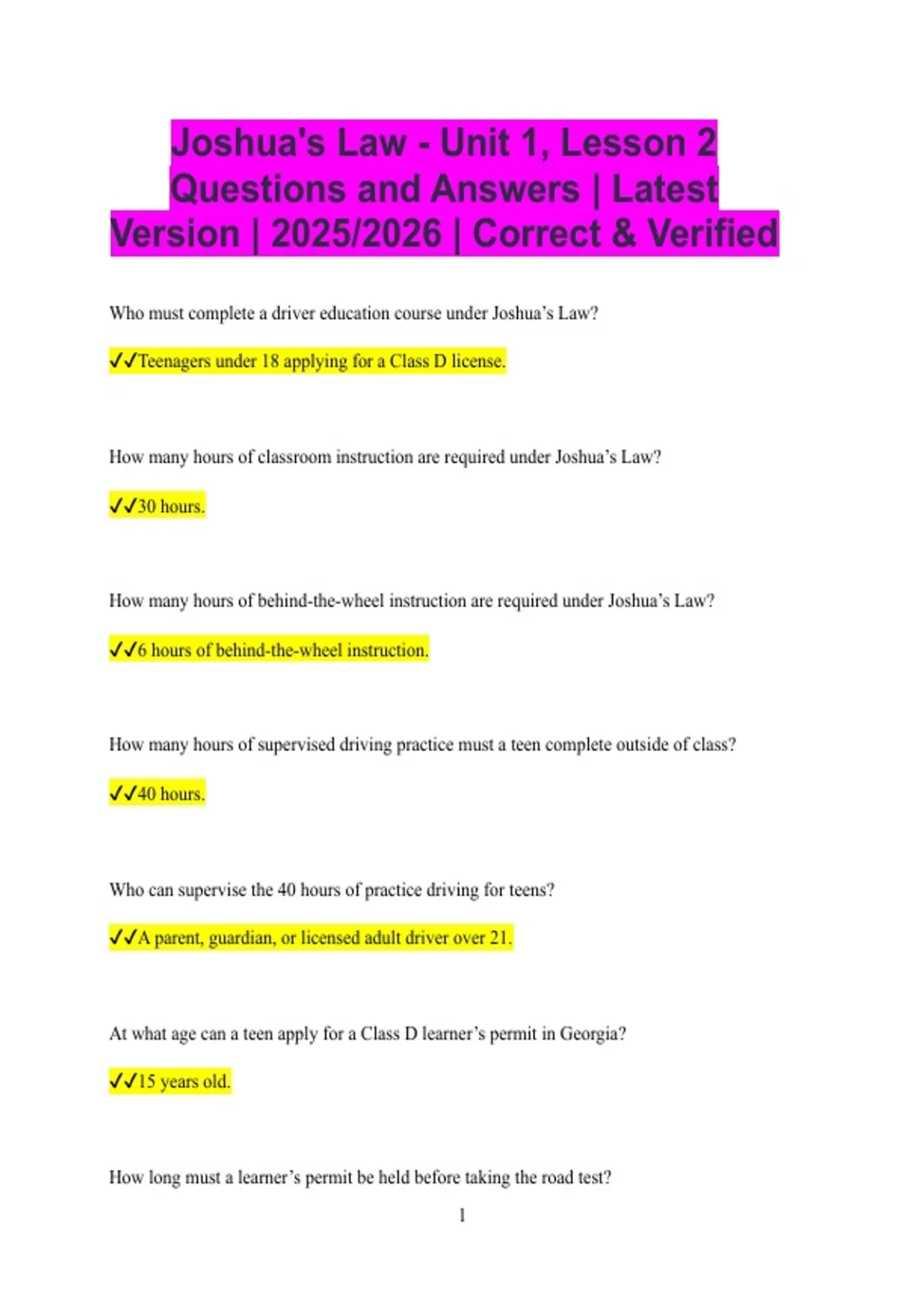 Joshua's Law - Unit 1, Lesson 2 Questions and Answers | Latest Version ...