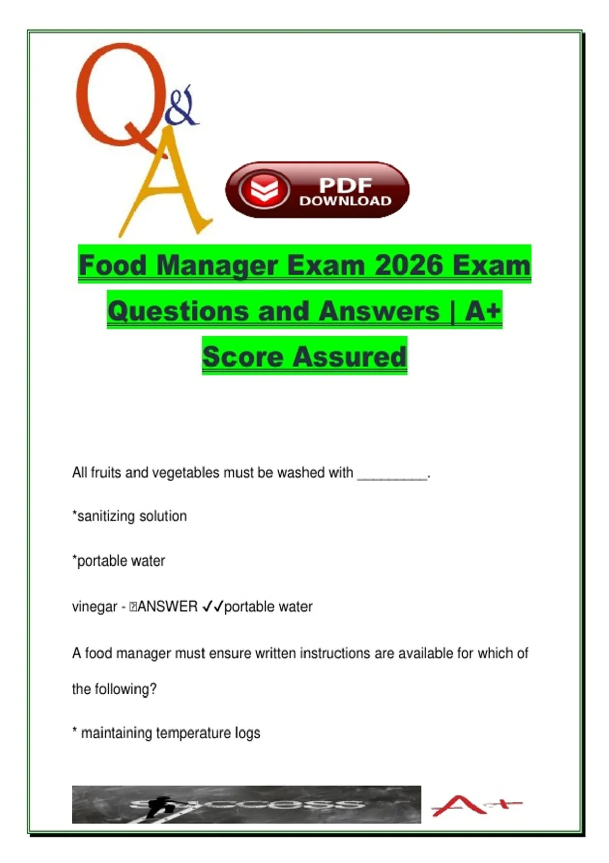 Food Manager Exam | 2026 | 150+ Verified Q&A on Food Safety, Cooking ...