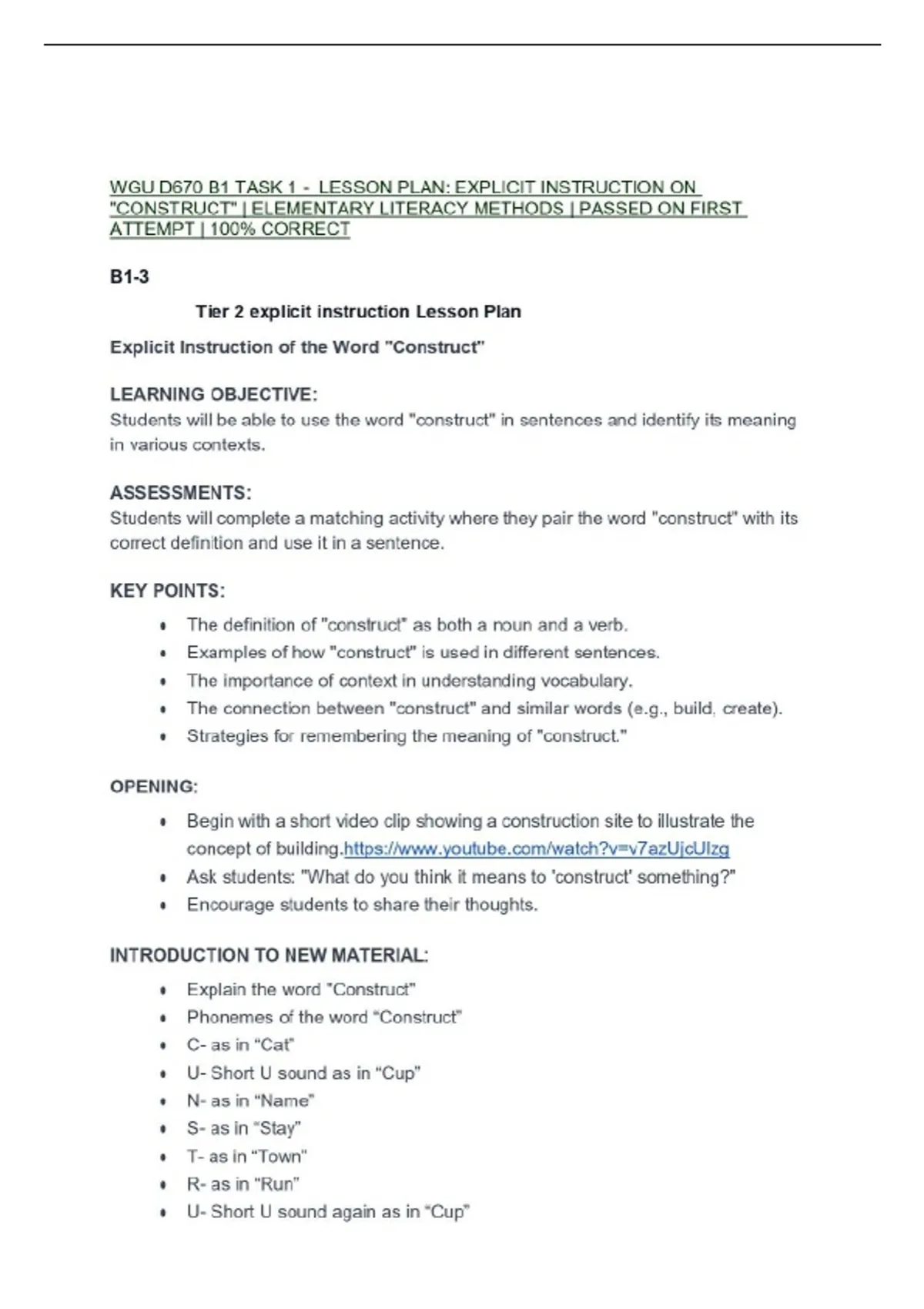 WGU D670 B1 TASK 1 - LESSON PLAN: EXPLICIT INSTRUCTION ON "CONSTRUCT ...