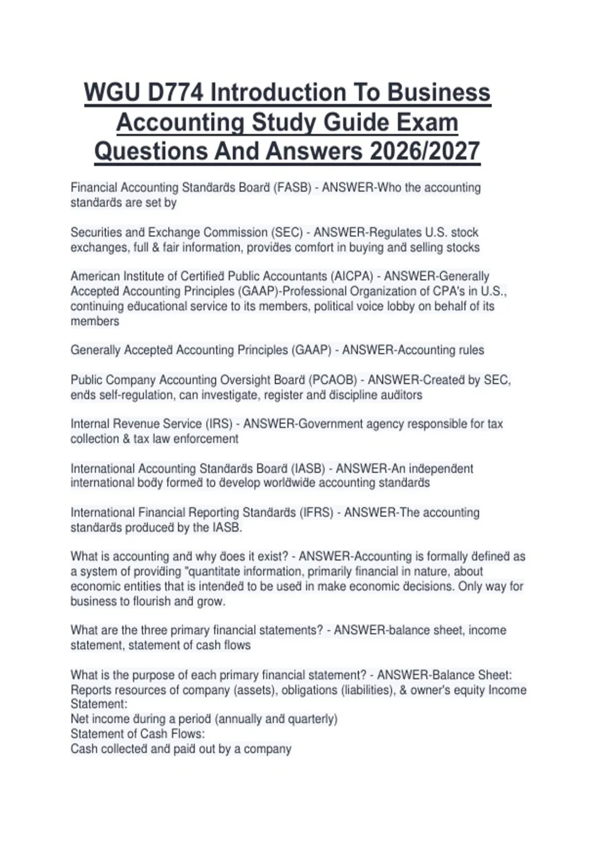 WGU D774 Introduction To Business Accounting Study Guide Exam Questions ...