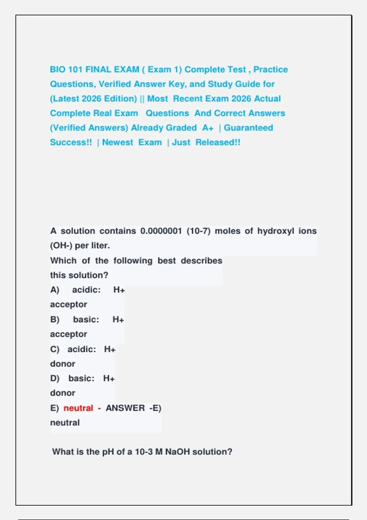 BIO 101 FINAL EXAM ( Exam 1) Complete Test , Practice Questions ...