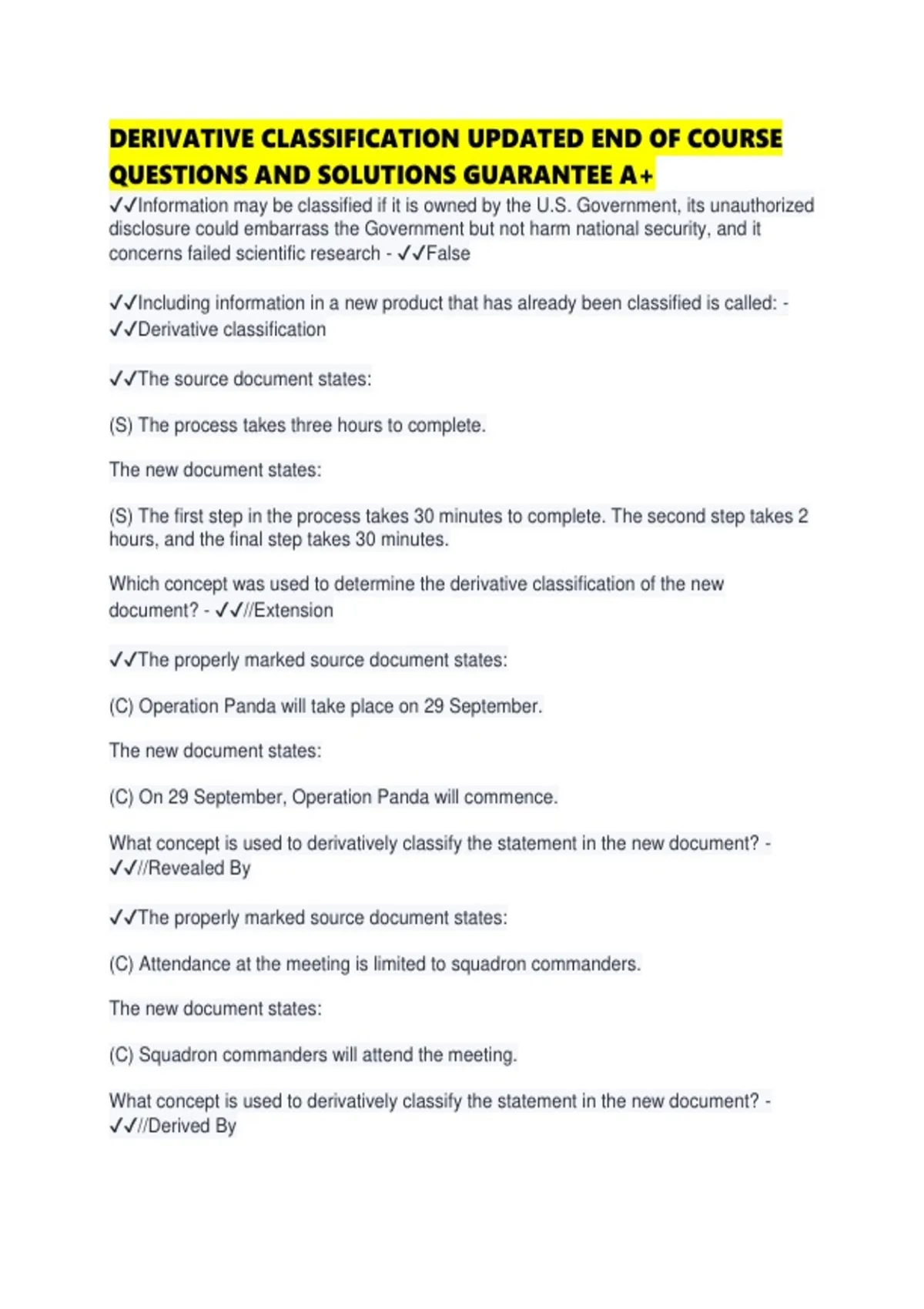 DERIVATIVE CLASSIFICATION UPDATED END OF COURSE QUESTIONS AND SOLUTIONS ...