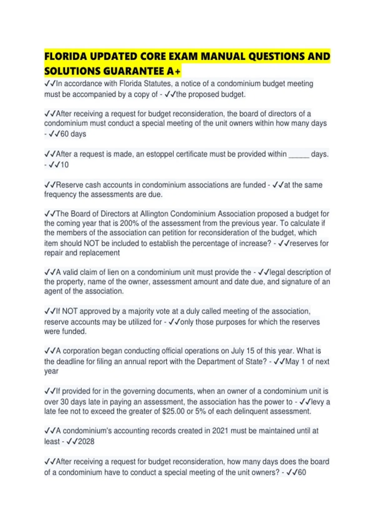 FLORIDA UPDATED CORE EXAM MANUAL QUESTIONS AND SOLUTIONS GUARANTEE ...