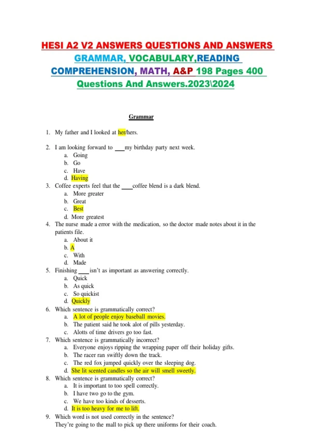 HESI A2 V2 Practice Questions with Answers | Grammar, Math, Reading ...
