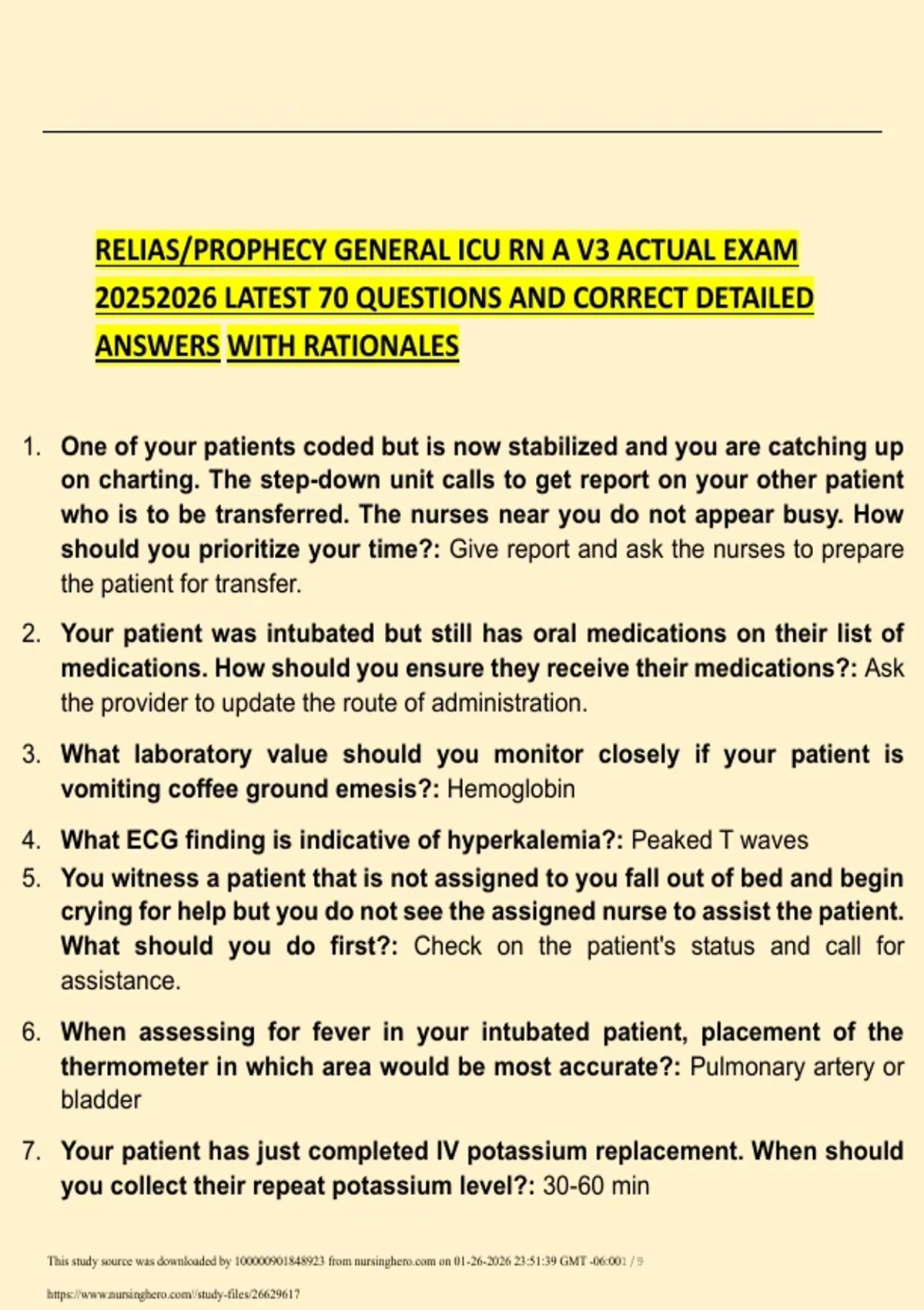 Relias Prophecy General ICU RN A V3 Exam – 70 Questions with Detailed ...