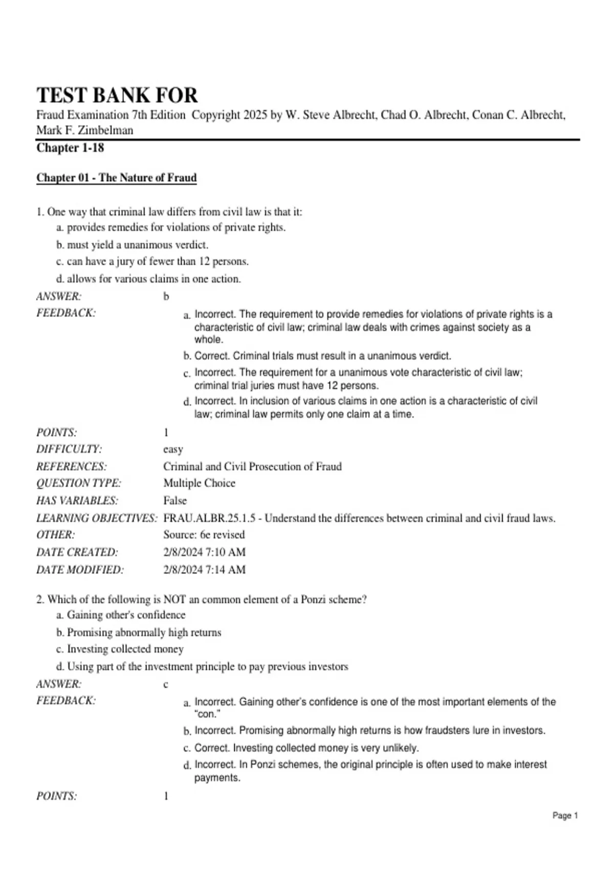 Fraud Examination – Test Bank Chapters 1–18 | 7th Edition (2025) | W ...
