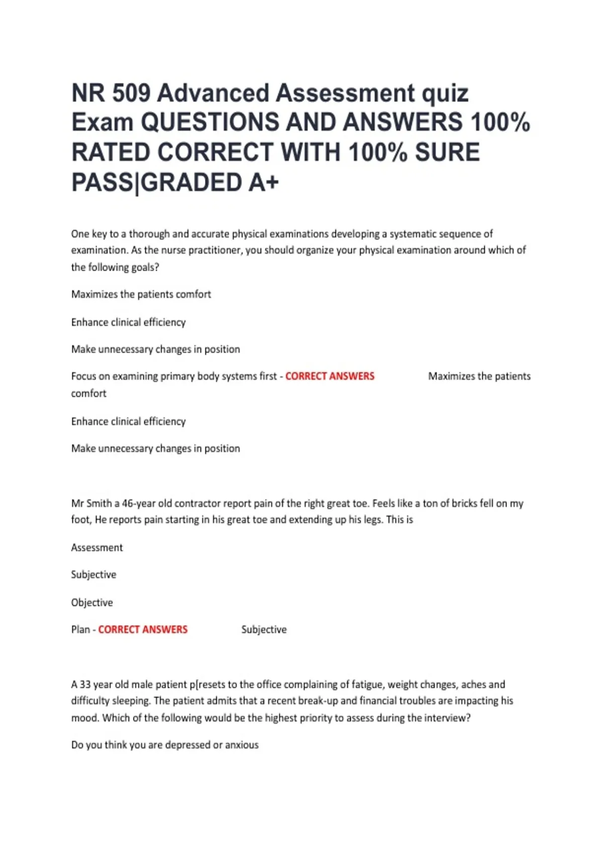 NR 509 Advanced Assessment quiz Exam QUESTIONS AND ANSWERS 100% RATED ...
