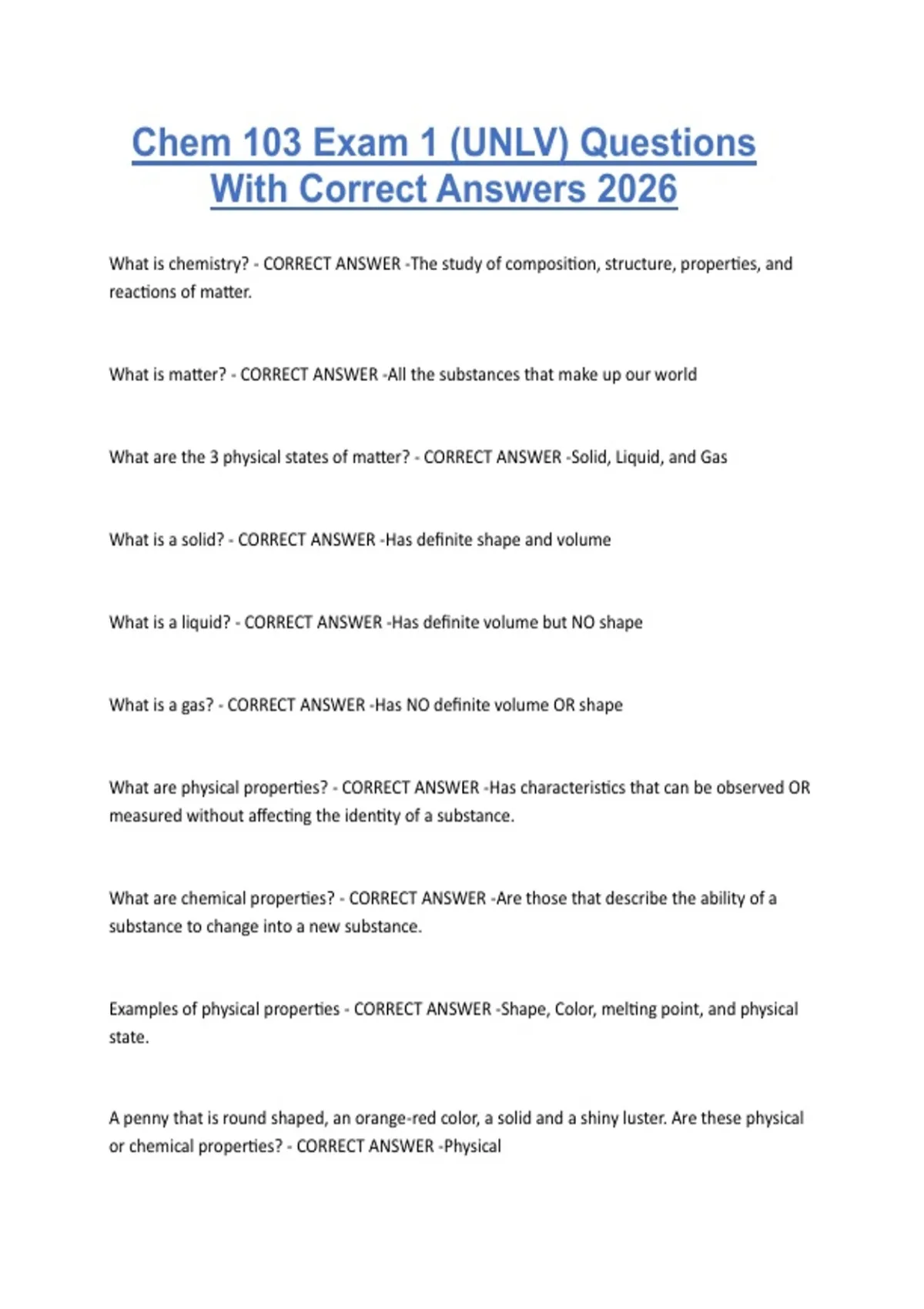 Chem 103 Exam 1 (UNLV) Questions With Correct Answers 2026 - CHEM 103 ...