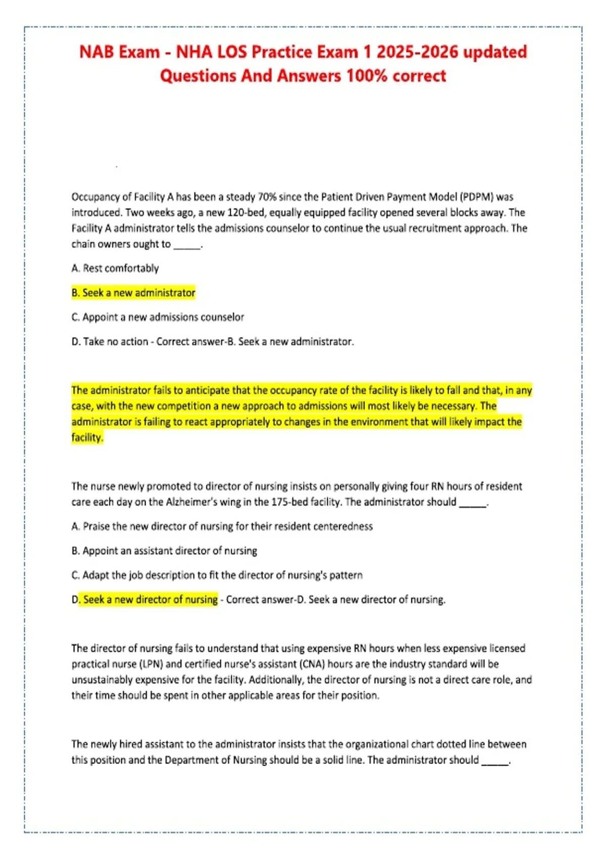 NAB Exam - NHA LOS Practice Exam updated Questions And Answers 100% ...