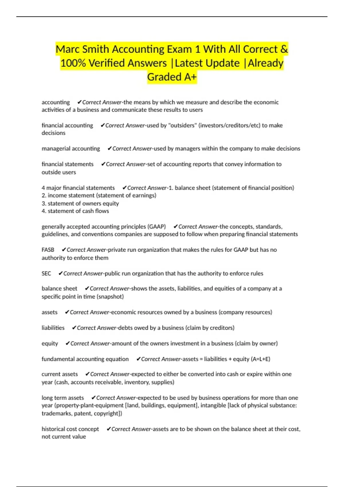 Marc Smith Accounting Exam 1 With All Correct & 100% Verified Answers ...