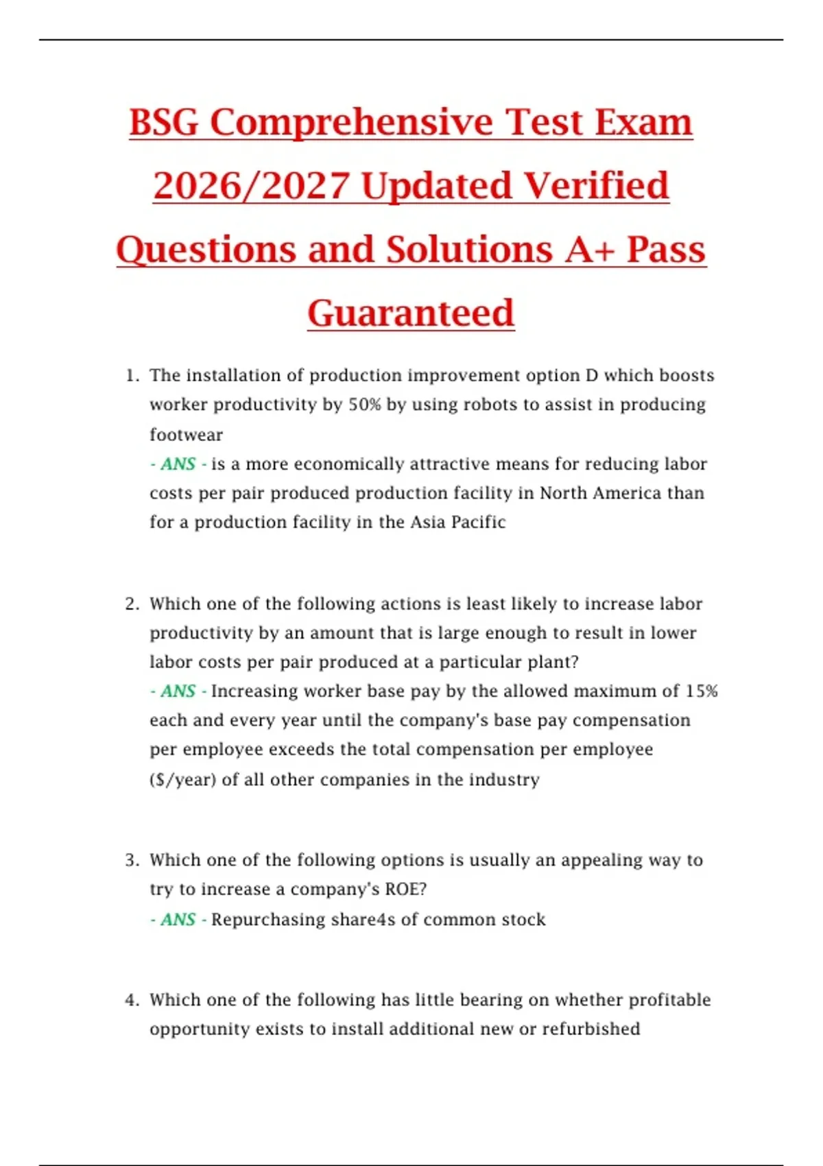 BSG Comprehensive Test Exam 2026/2027 Updated Verified Questions and ...