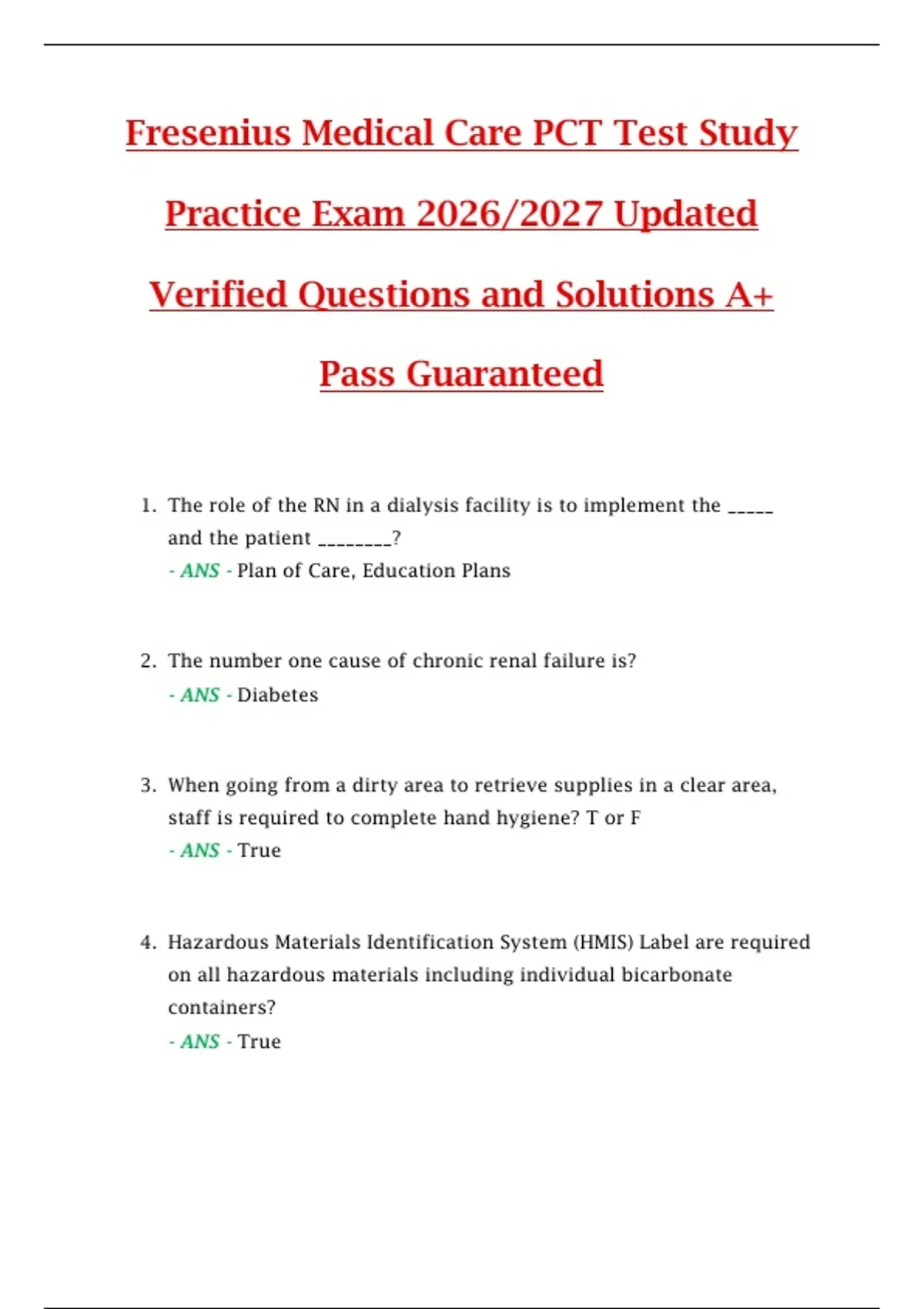 Fresenius Medical Care PCT Test Study Practice Exam 2026/2027 Updated ...