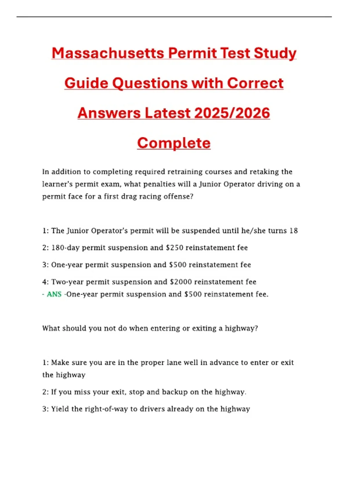 MA Permit Test/ Driving School Exam Questions with Correct Answers ...
