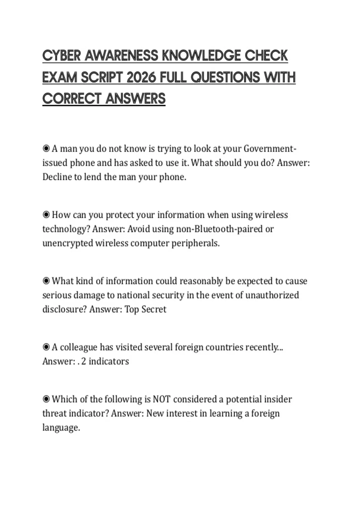 CYBER AWARENESS KNOWLEDGE CHECK EXAM SCRIPT 2026 FULL QUESTIONS WITH ...