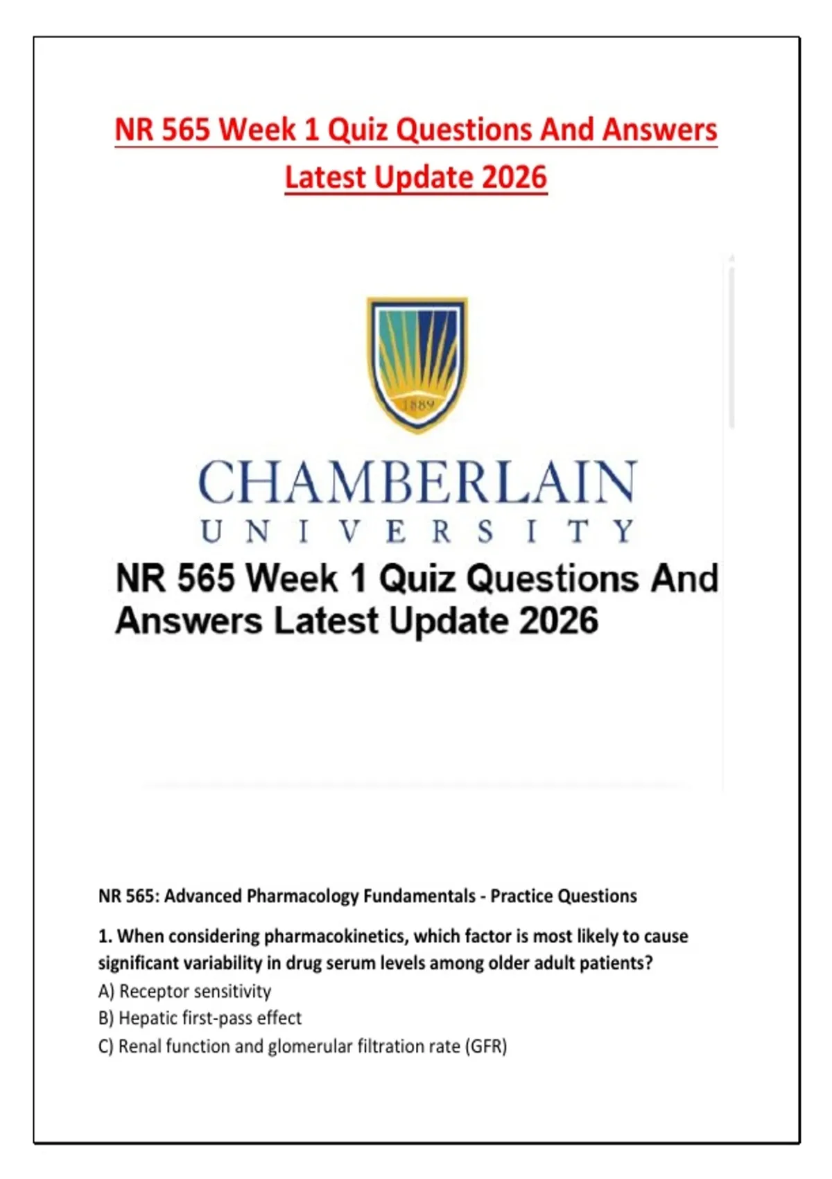 NR 565 Week 1 Quiz Questions And Answers Latest Update 2026 - NR 507/NR ...