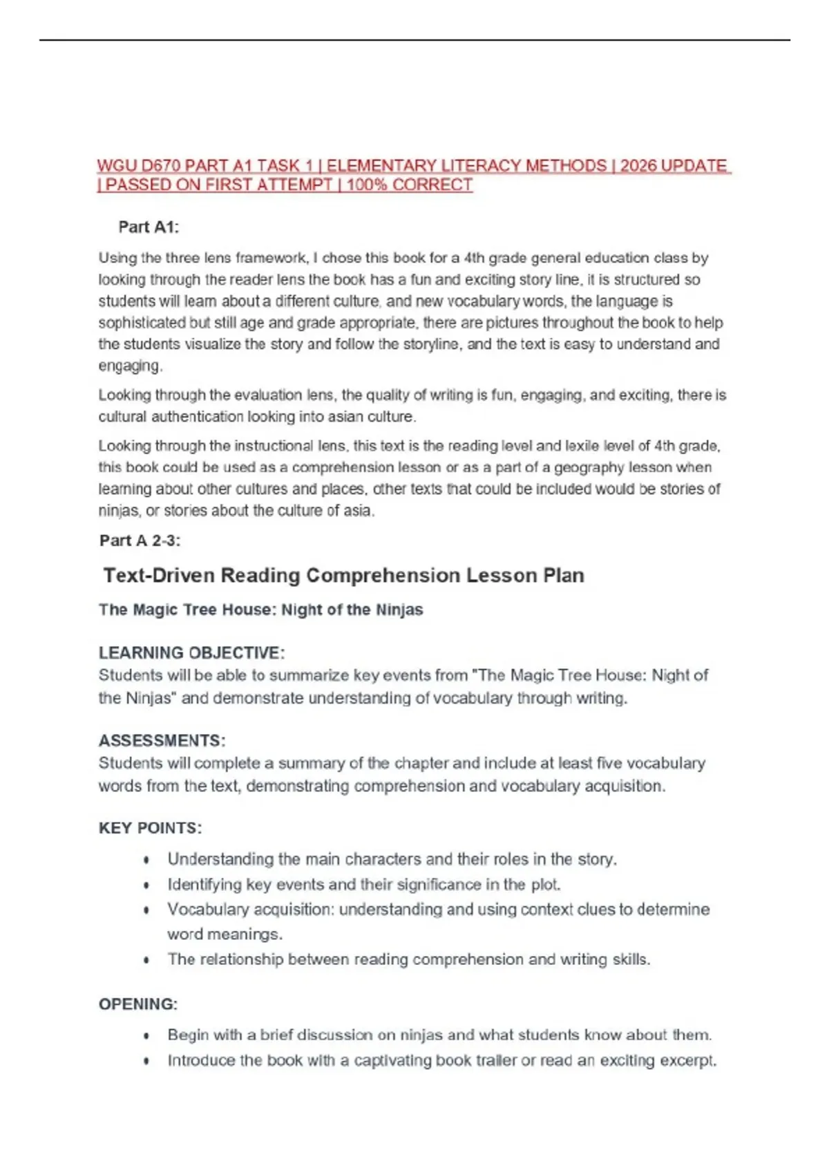 WGU D670 PART A1 TASK 1 | ELEMENTARY LITERACY METHODS | 2026 UPDATE ...