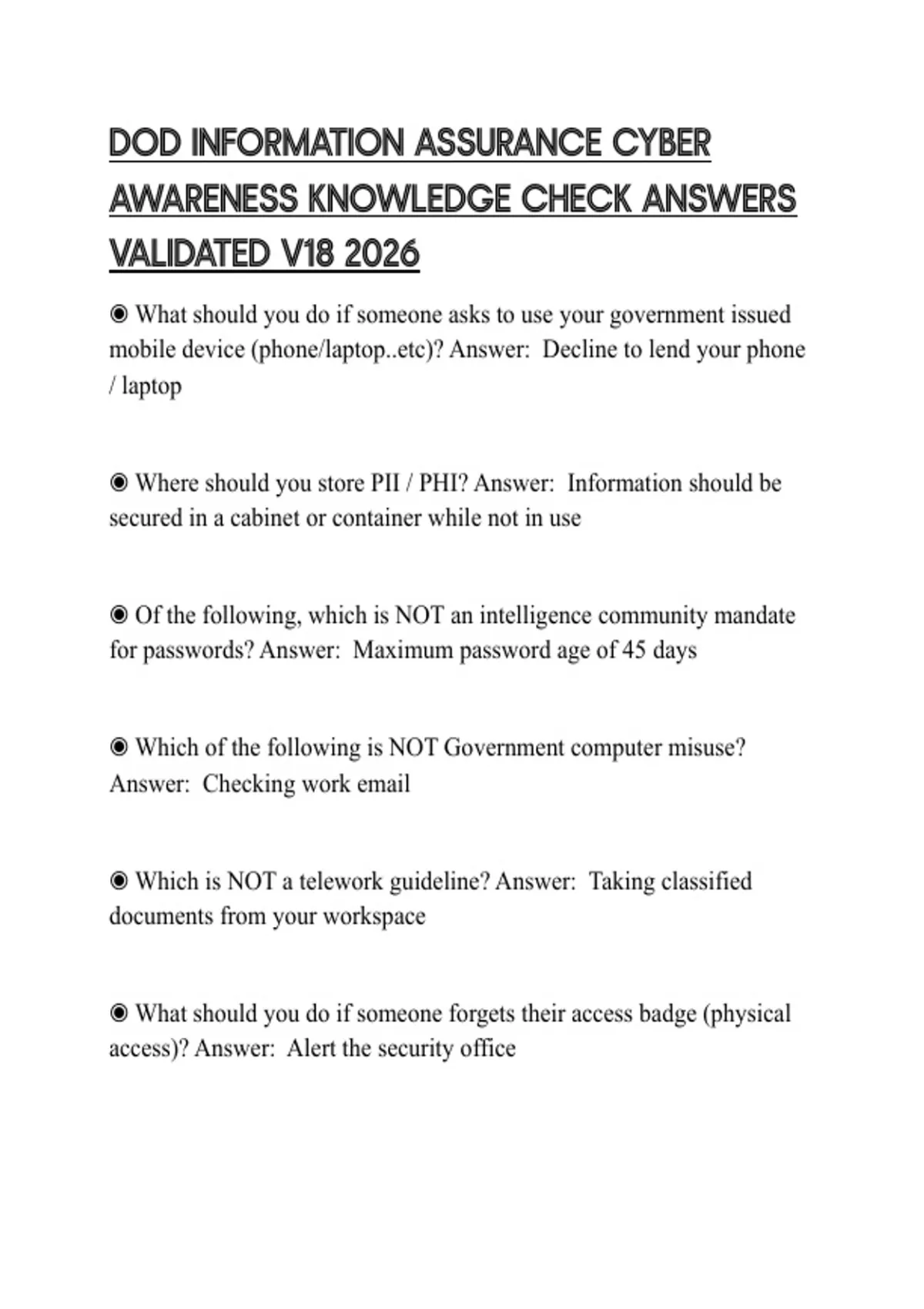 DOD INFORMATION ASSURANCE CYBER AWARENESS KNOWLEDGE CHECK ANSWERS ...