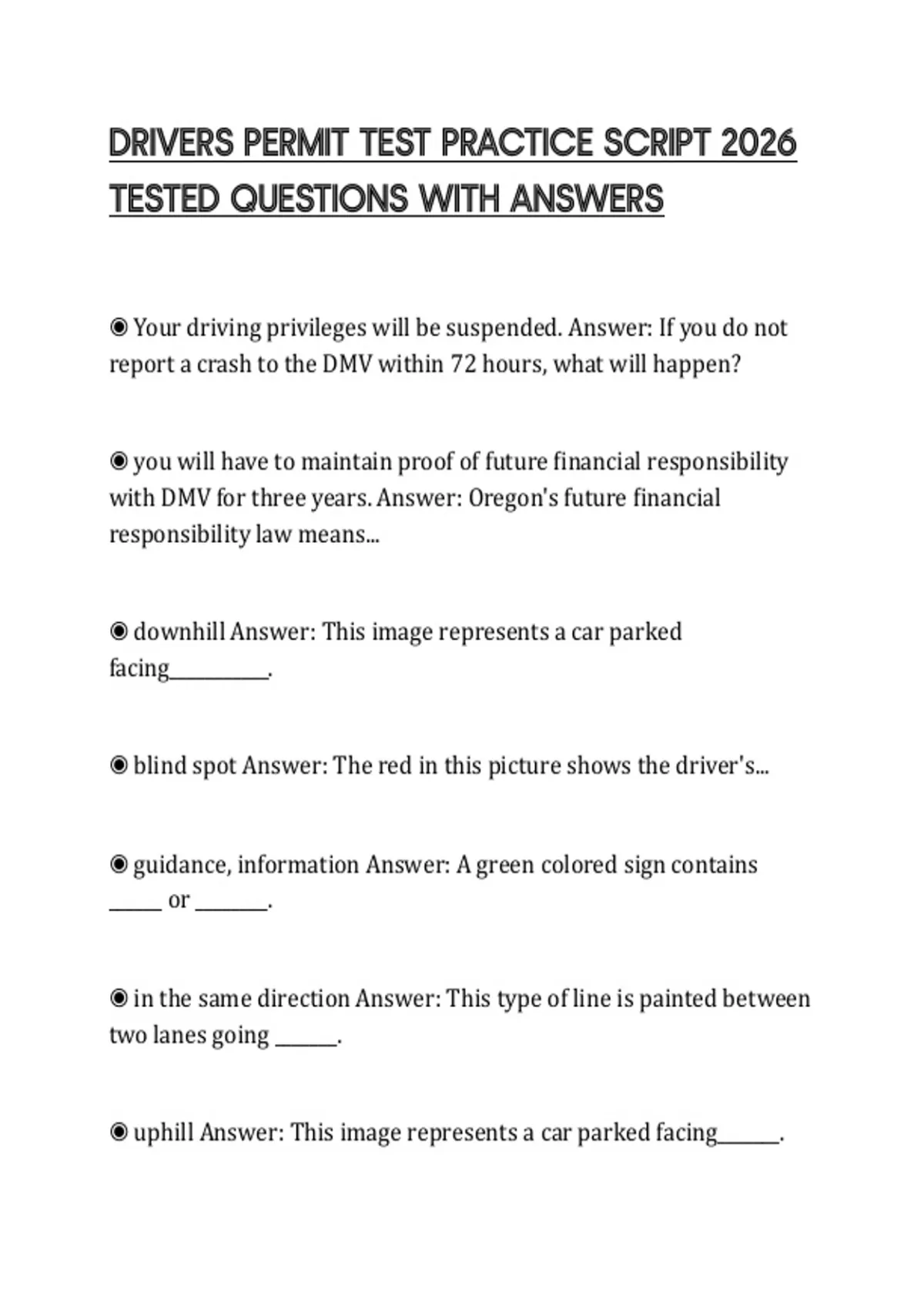 DRIVERS PERMIT TEST PRACTICE SCRIPT 2026 TESTED QUESTIONS WITH ANSWERS ...