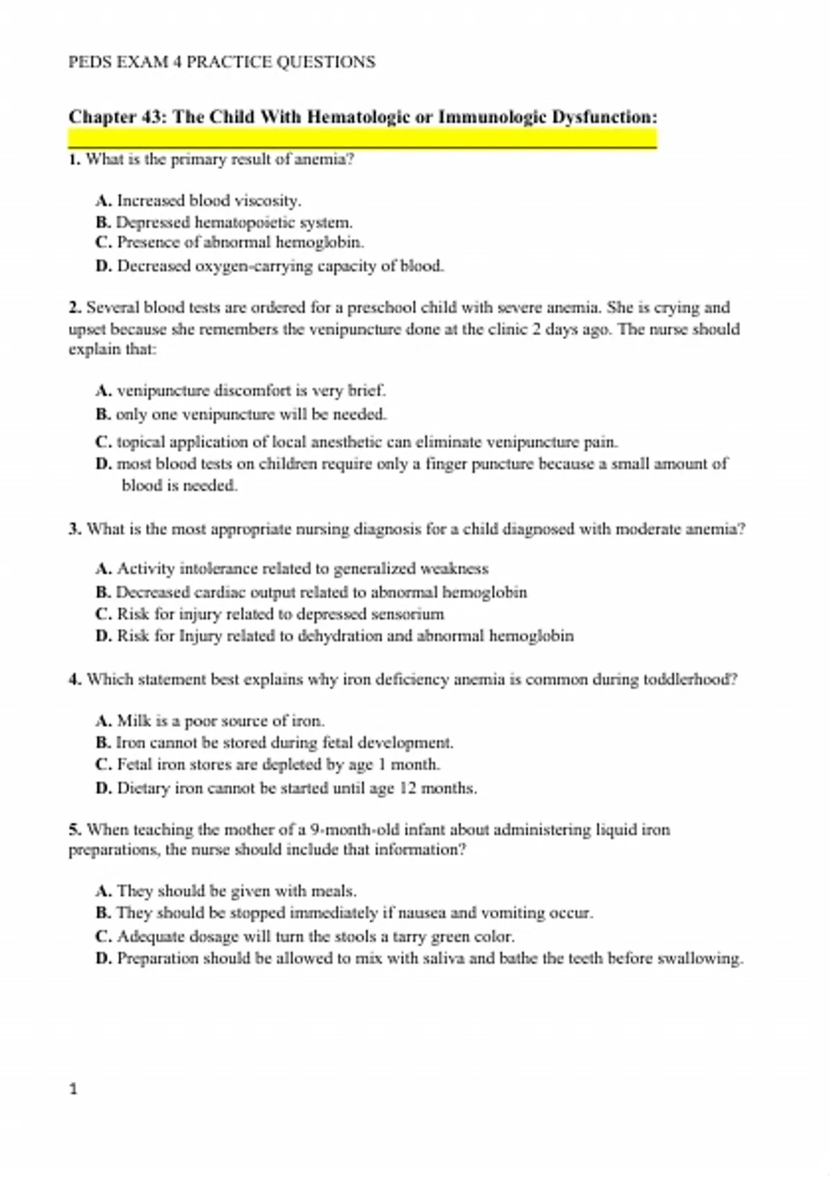 PEDS 4304 Exam 4 Practice Questions on Hematologic and Immunologic ...