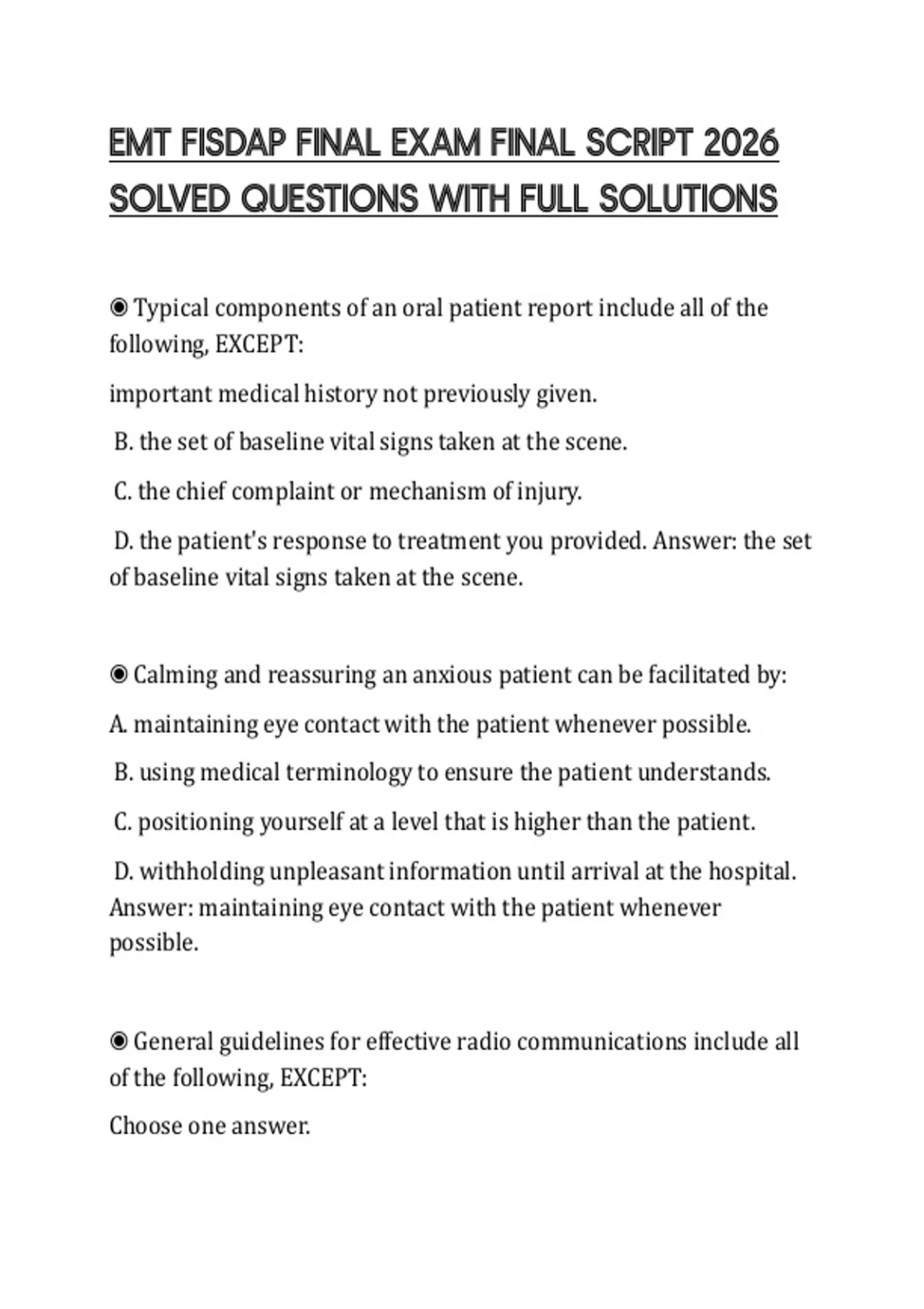 EMT FISDAP FINAL EXAM FINAL SCRIPT 2026 SOLVED QUESTIONS WITH FULL ...