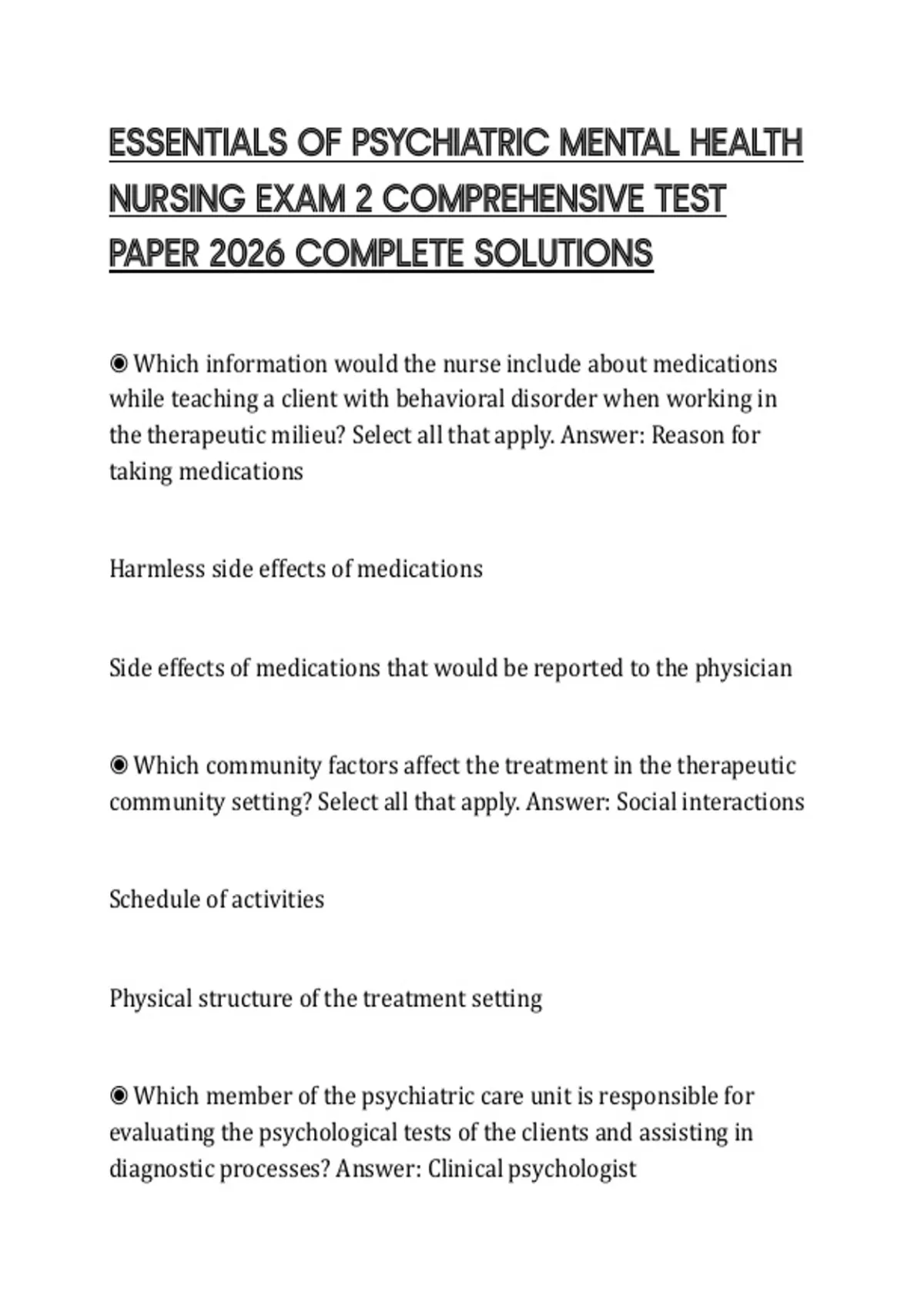 ESSENTIALS OF PSYCHIATRIC MENTAL HEALTH NURSING EXAM 2 COMPREHENSIVE ...