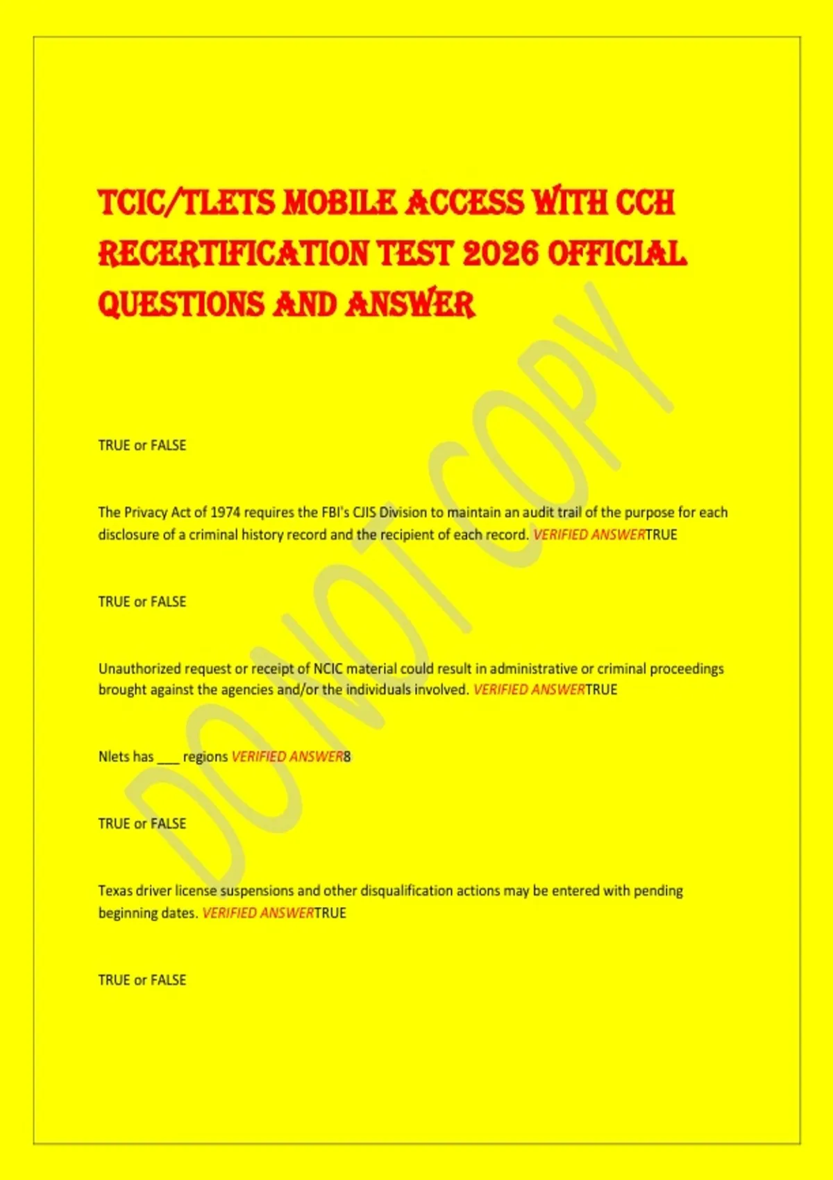 TCIC/TLETS MOBILE ACCESS WITH CCH RECERTIFICATION TEST 2026 OFFICIAL ...
