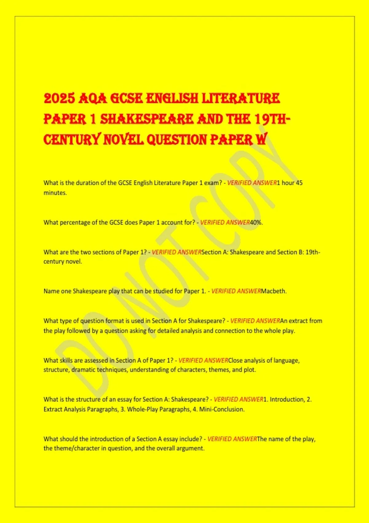 2025 AQA GCSE ENGLISH LITERATURE Paper 1 Shakespeare and the 19th ...