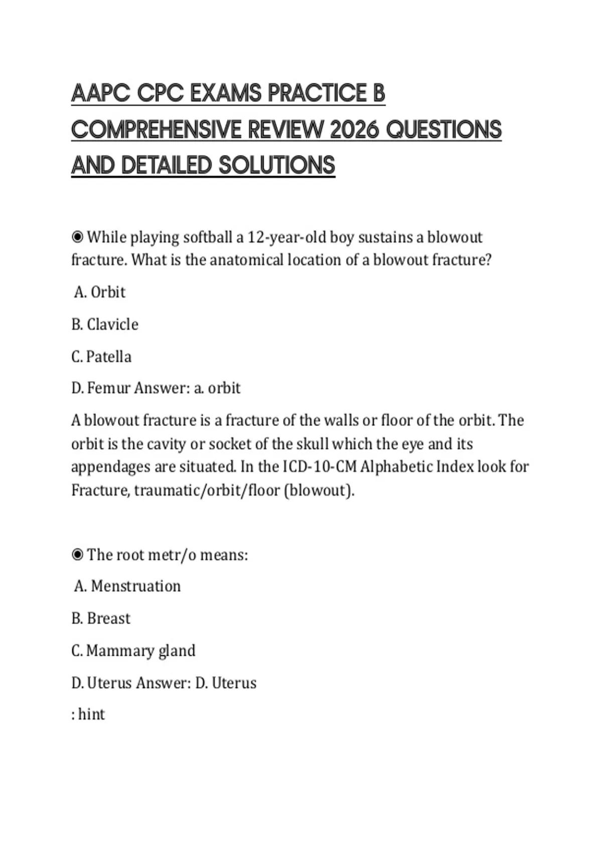 AAPC CPC EXAMS PRACTICE B COMPREHENSIVE REVIEW 2026 QUESTIONS AND ...
